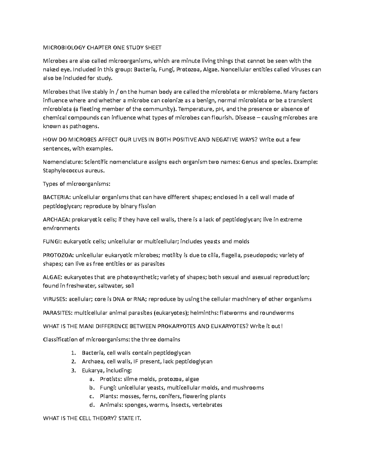 Microbiology Notes, Chapter One - MICROBIOLOGY CHAPTER ONE STUDY SHEET ...
