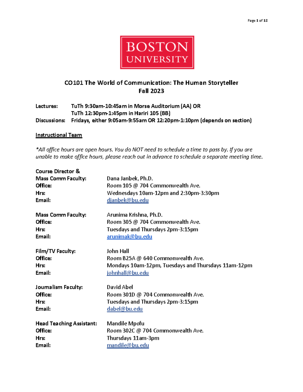 CO101 Syllabus FALL 2023 - CO101 The World of Communication: The Human ...