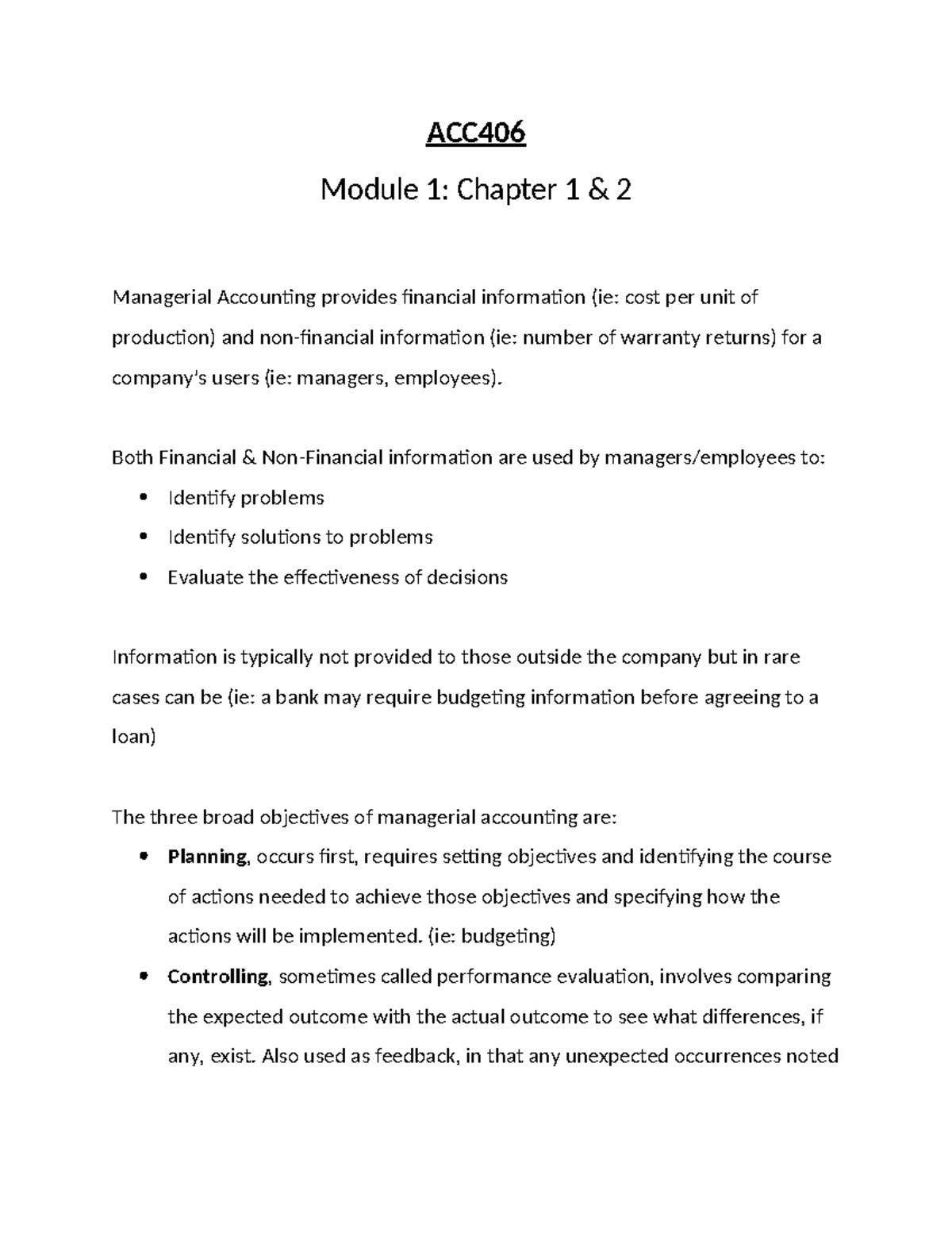 Chapter 1 & 2 - Notes - ACC Module 1: Chapter 1 & 2 Managerial ...