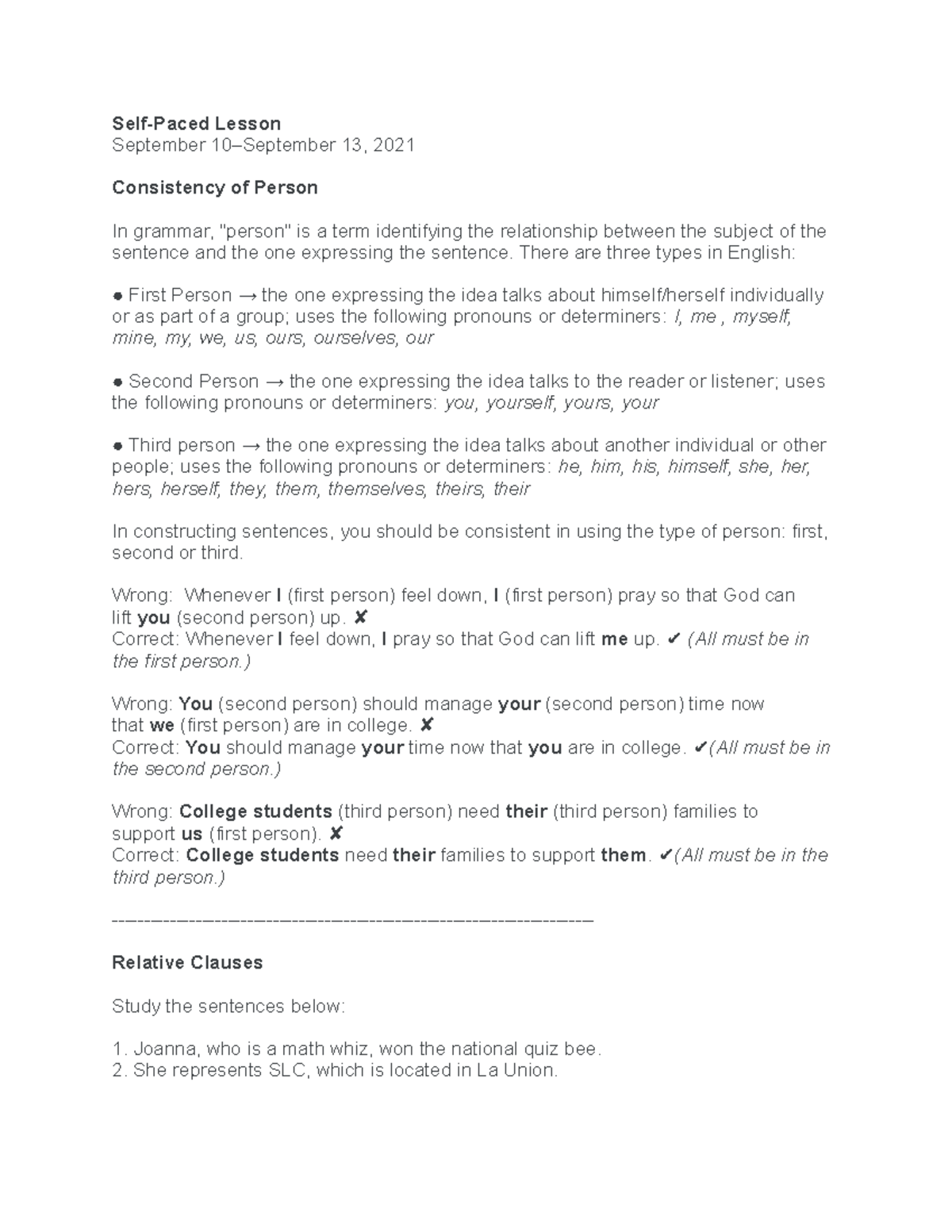 Consistency of Person and Relative Clauses - Self-Paced Lesson ...