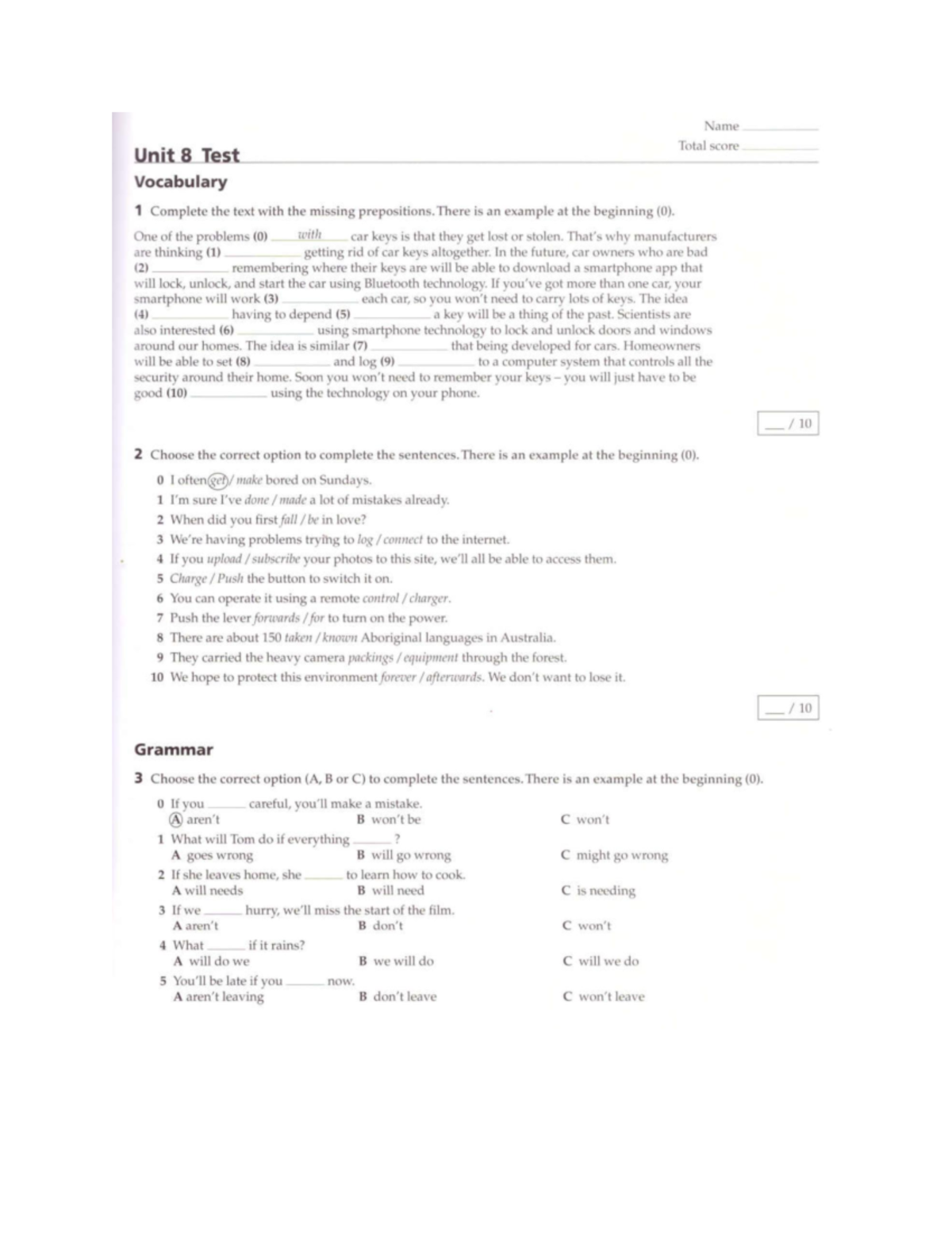 Unit 8 Test - aaaa - Name Total score Unit 8 Test Vocabulary 1 Complete ...