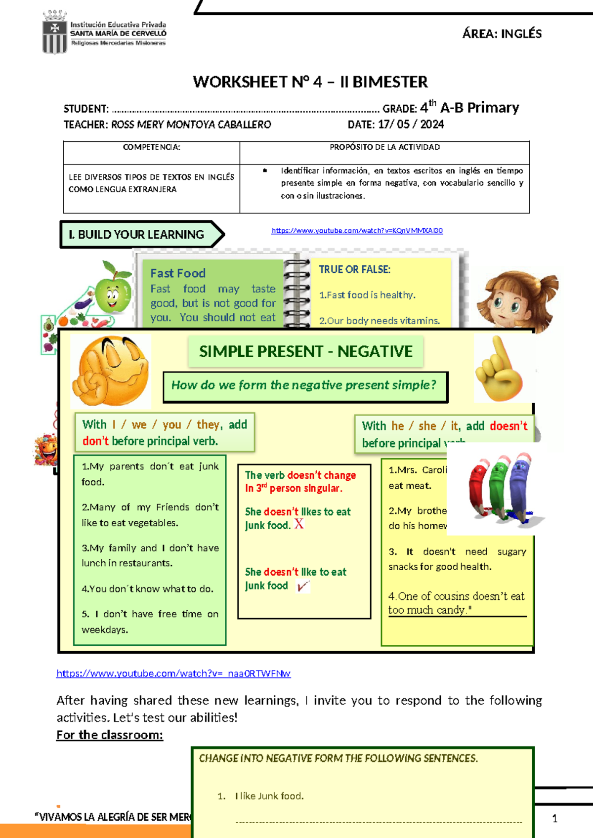 4 Ficha DE Trabajo 2024 - 4TO Grado Simple Present Interrogative AND ...