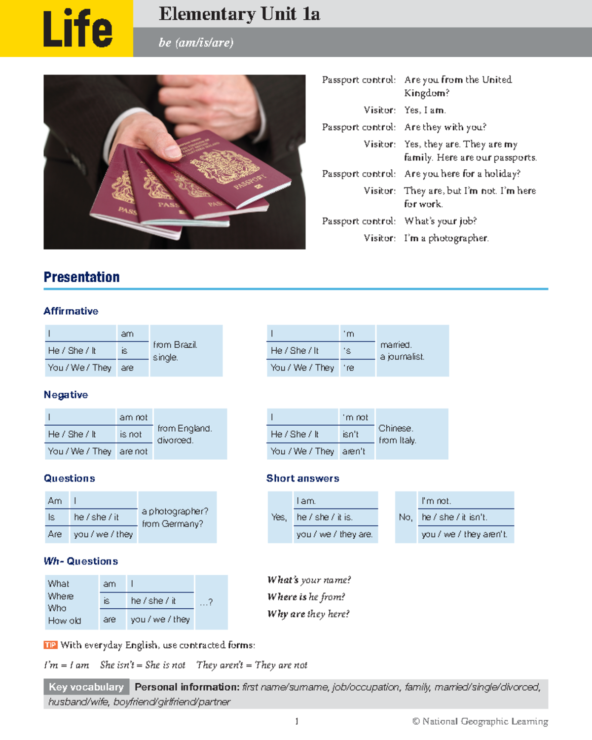 Elementary (VERB TO BE) - 1 © National Geographic Learning Presentation ...