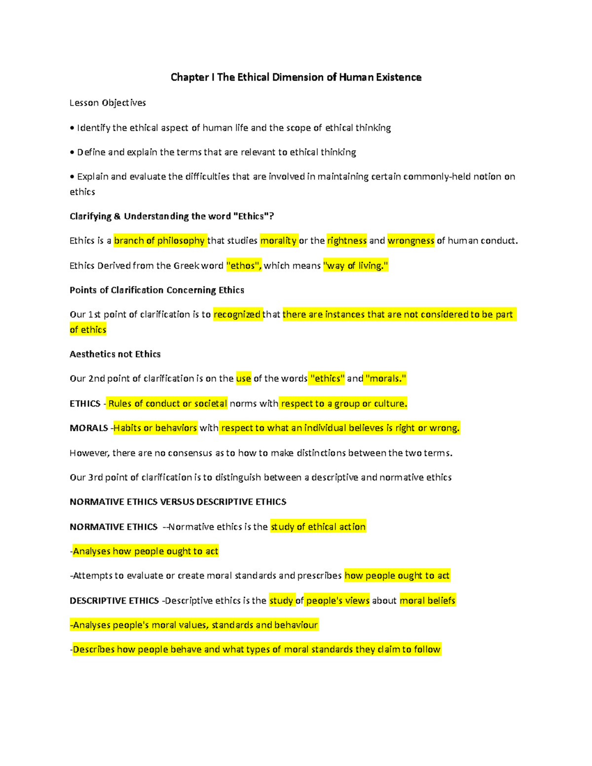 Chapter I and II Ethics WPS Office - Chapter I The Ethical Dimension of ...