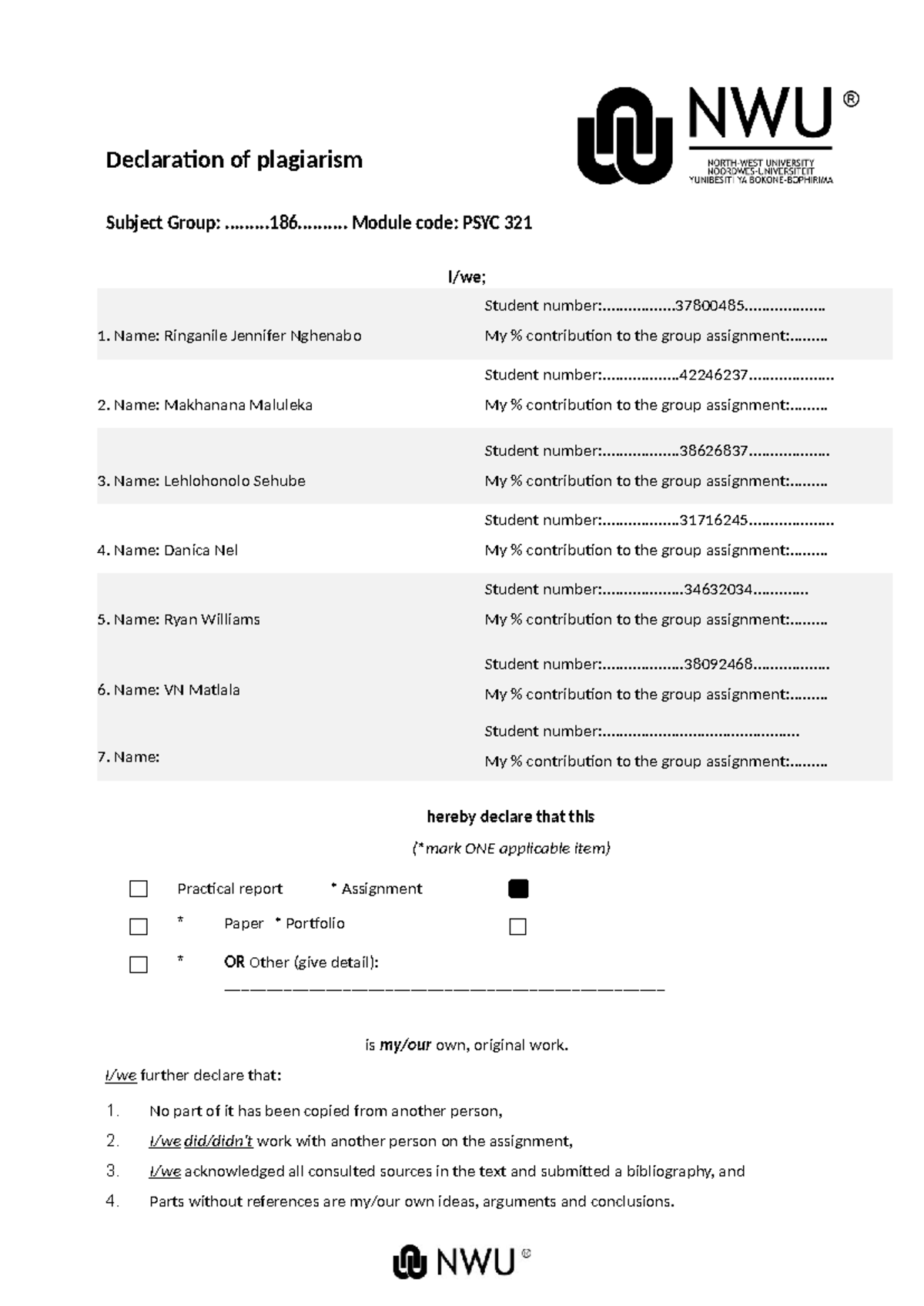 Group Assignment - Declaration of plagiarism Subject Group ...