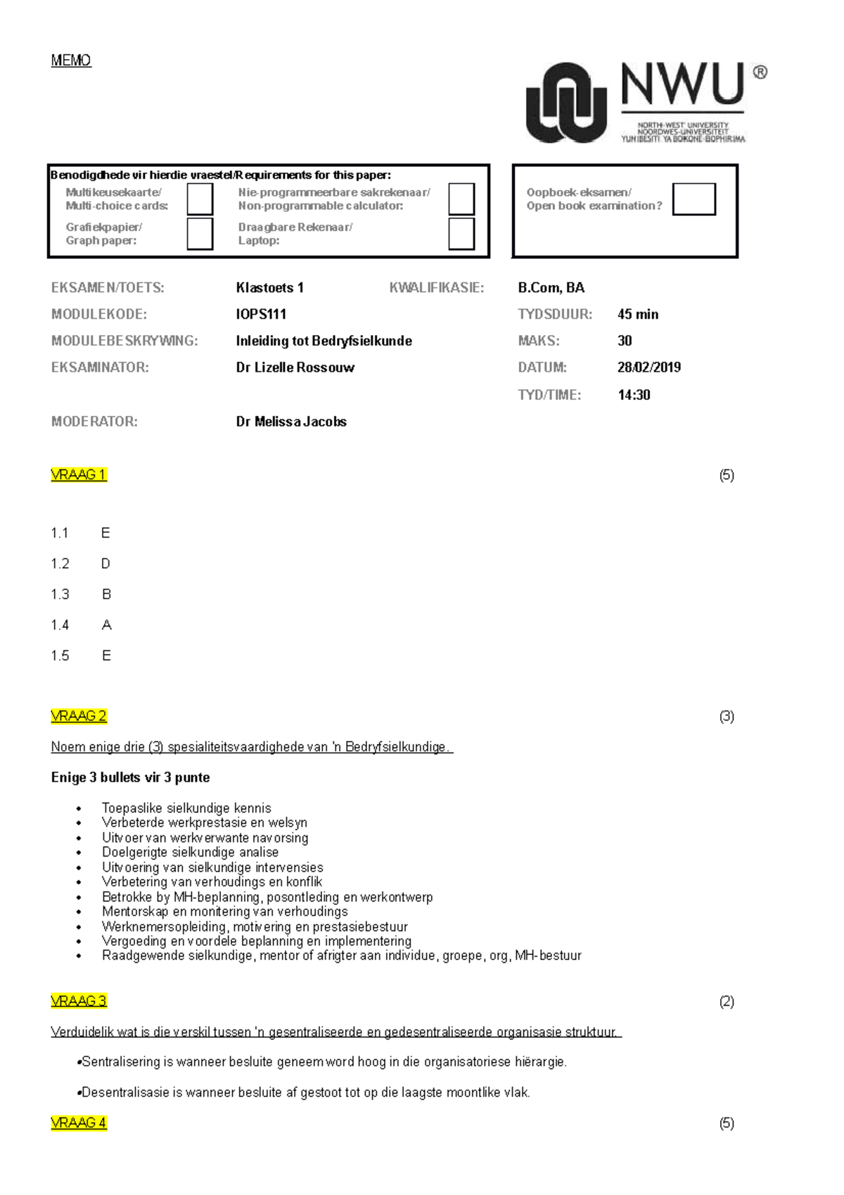 IOPS 111 Klastoets Memo - MEMO Benodigdhede vir hierdie vraestel ...