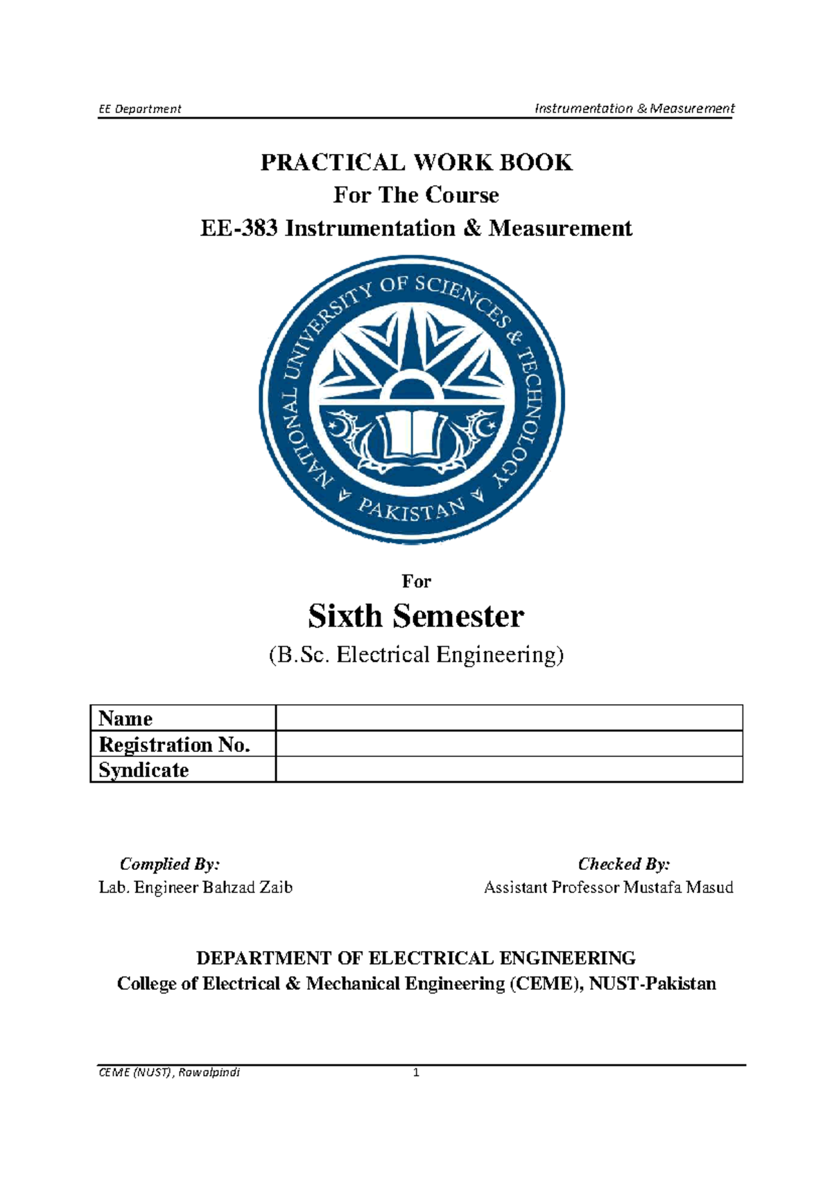 I&M LAB Manual - EE Department PRACTICAL WORK BOOK EE-383 Instrumentation & Measurement (B Name ...
