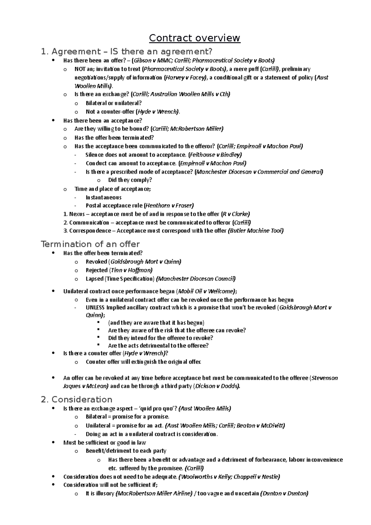 Step summary/overview + cases - Contract overview 1. Agreement IS there ...
