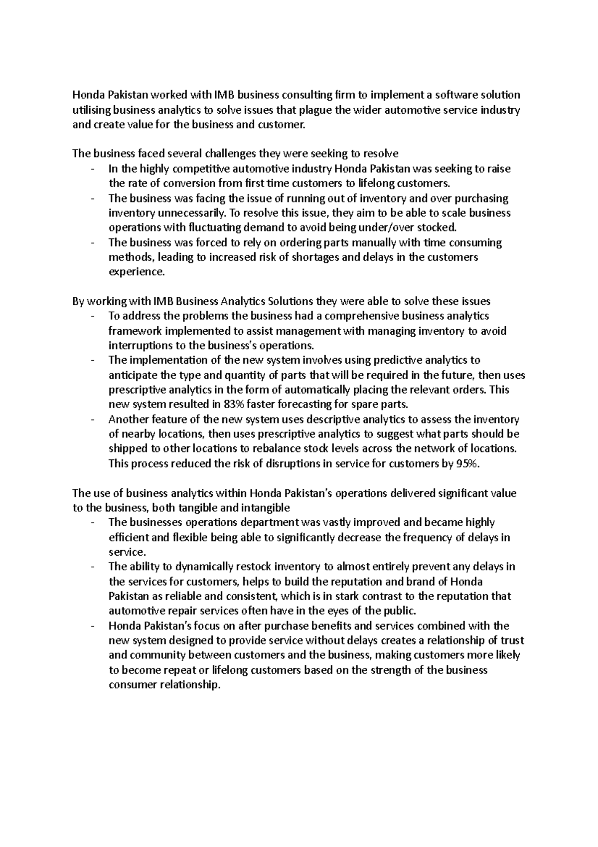 Assessment 1 Script - Honda Pakistan worked with IMB business consulting firm to implement a ...