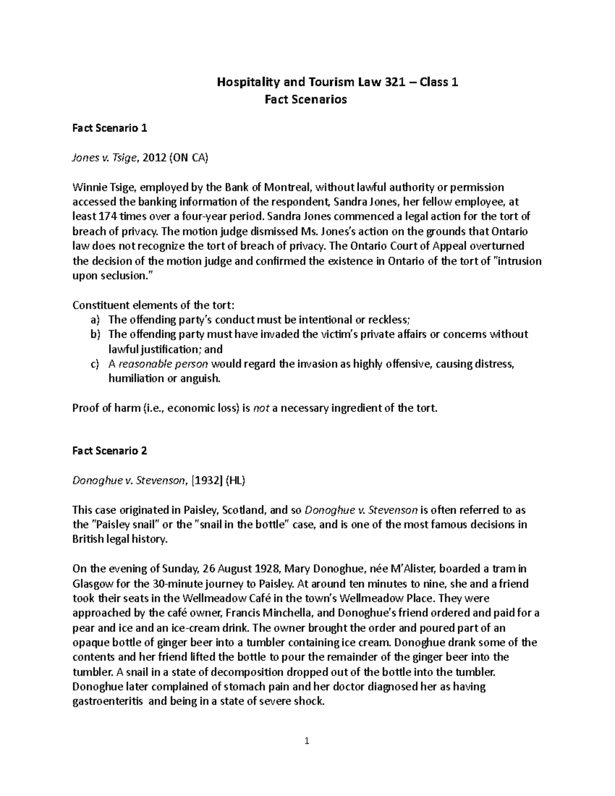 Hospitality law 321 Fact Scenarios (Class 1) fall 2021 - Hospitality and Tourism Law 321 – Class ...