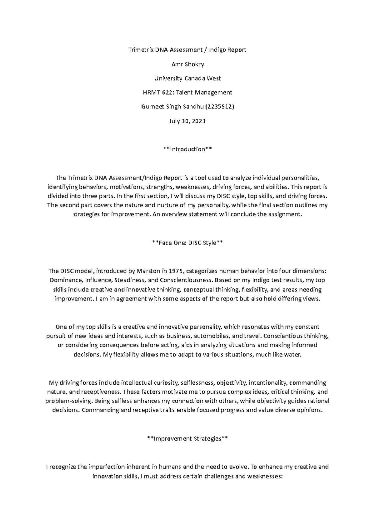 Assignment - indigo report - Trimetrix DNA Assessment / Indigo ...