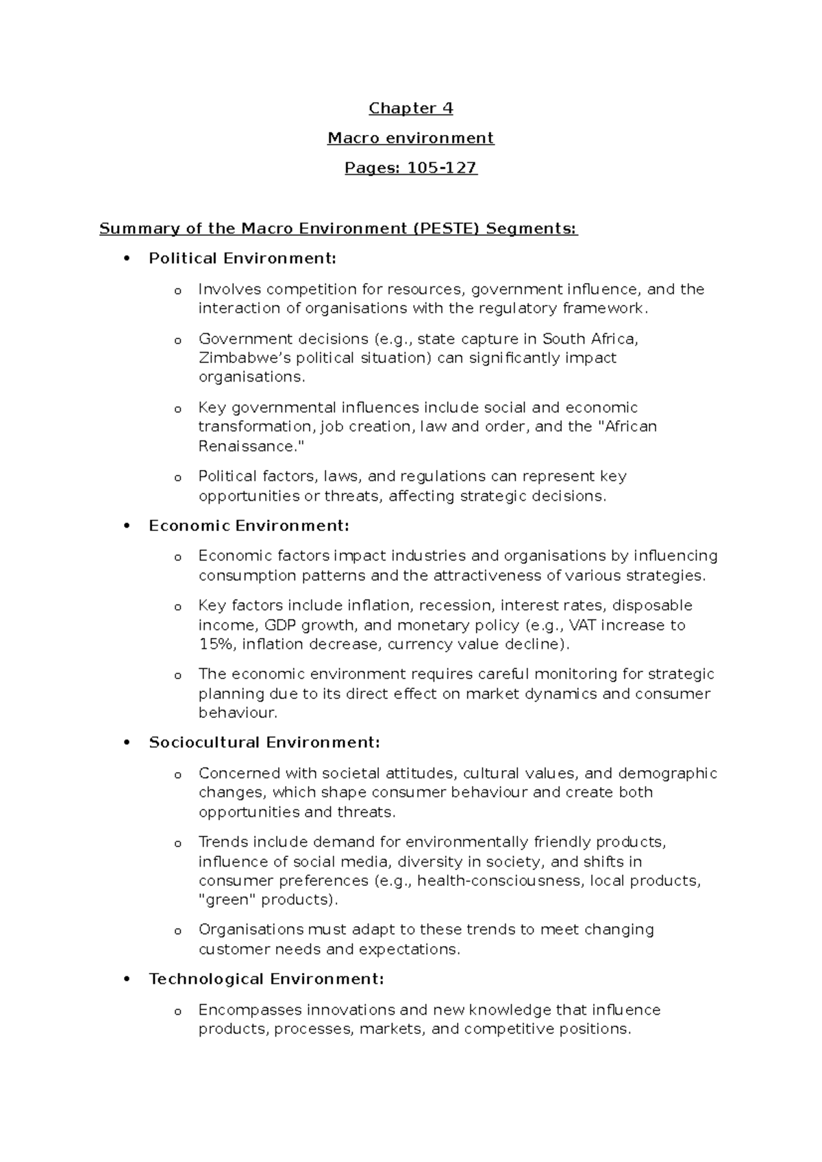 Chapter 4 - Chapter 4 Macro environment Pages: 105- Summary of the ...