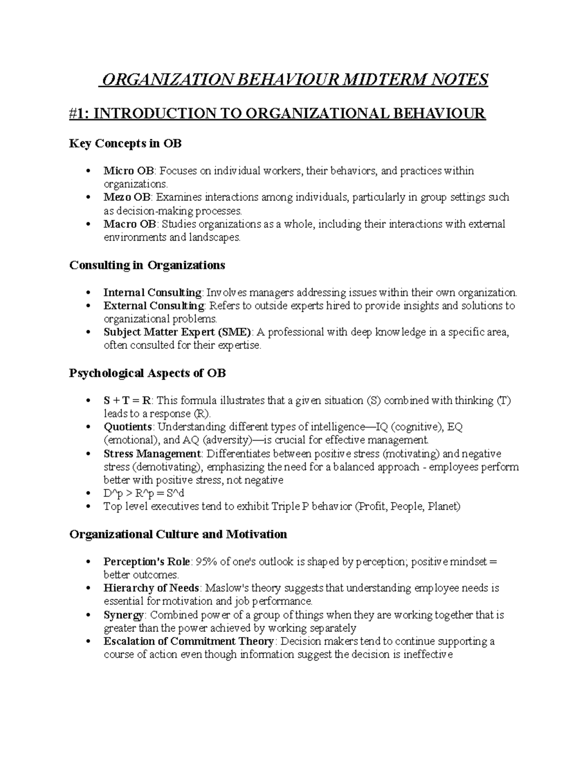 1BA3 MID TERM Notes - ORGANIZATION BEHAVIOUR MIDTERM NOTES #1 ...