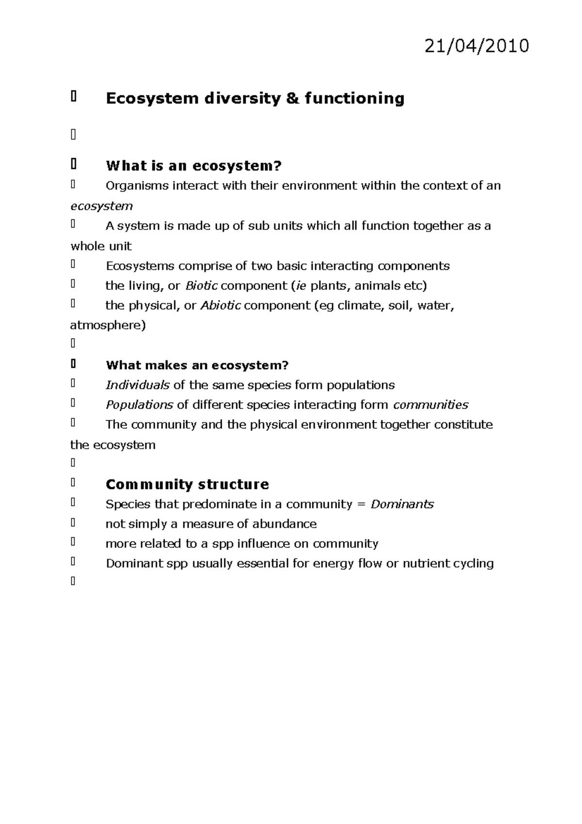 Lecture notes, lecture Ecosystem diversity - Comprehensive study notes ...