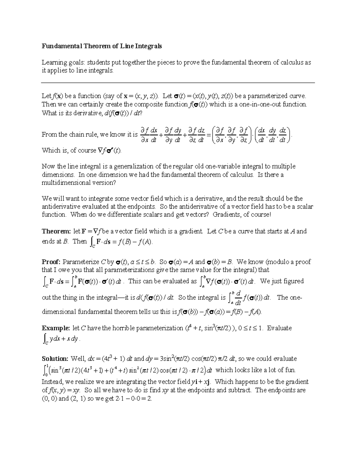 Notes 53-Fundamental Theorem of Line Integrals - Fundamental Theorem of ...