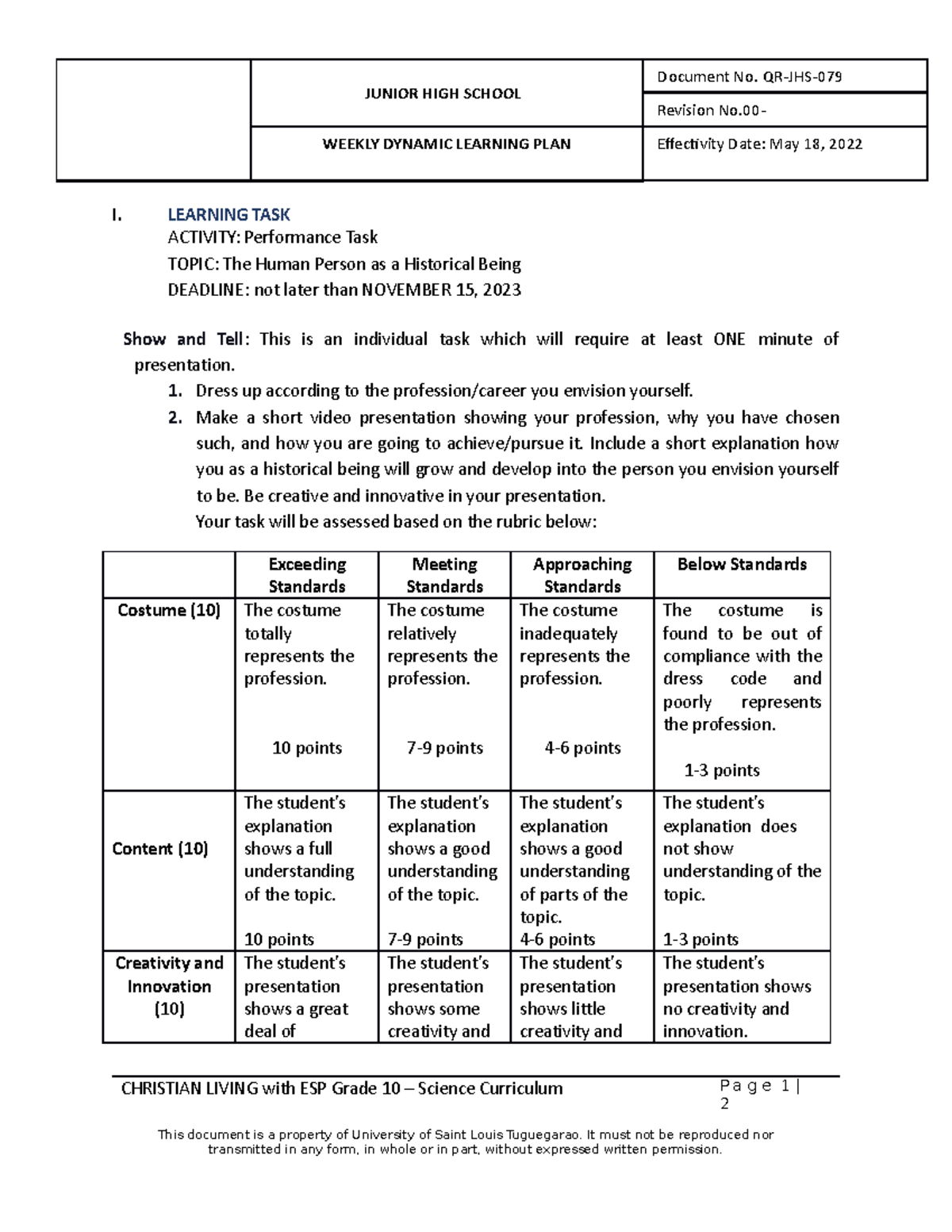 Learning TASK-historical being - JUNIOR HIGH SCHOOL Document No. QR-JHS ...