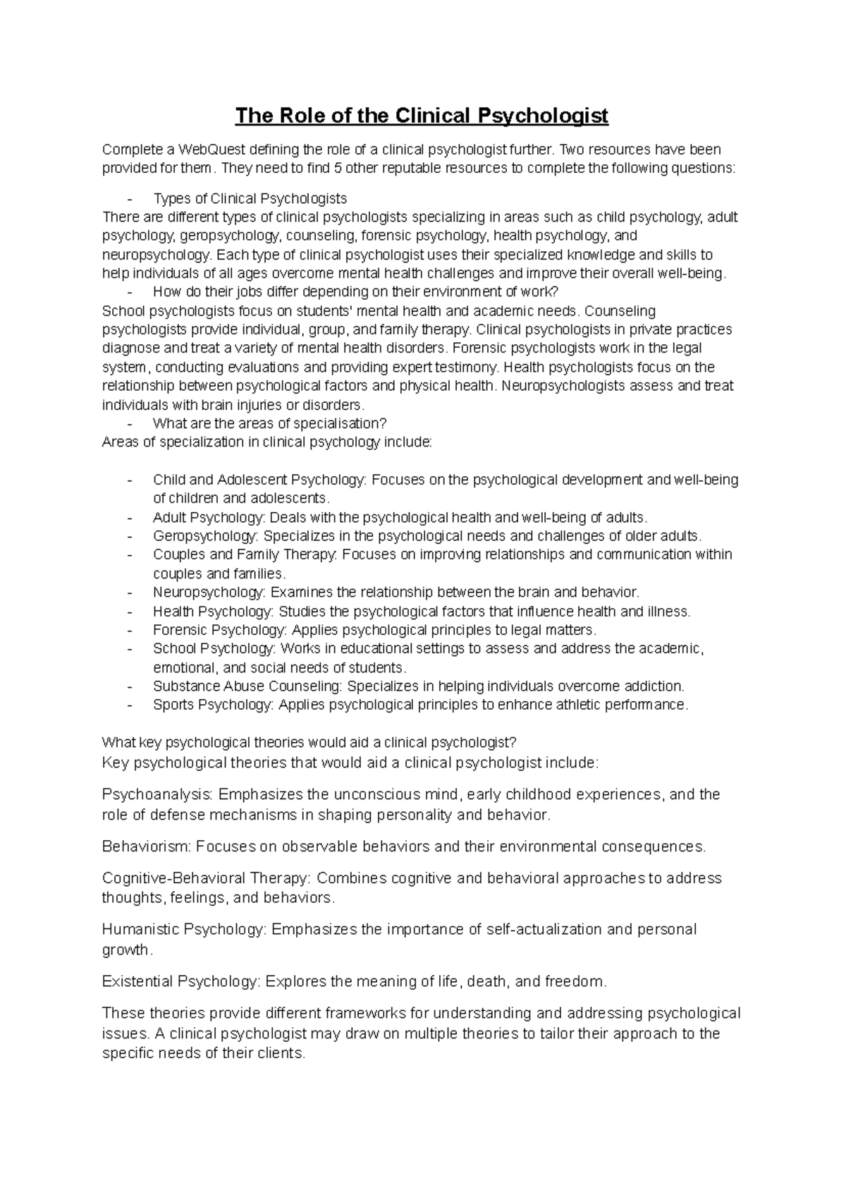 The role of the Clinical Psychologist - The Role of the Clinical ...