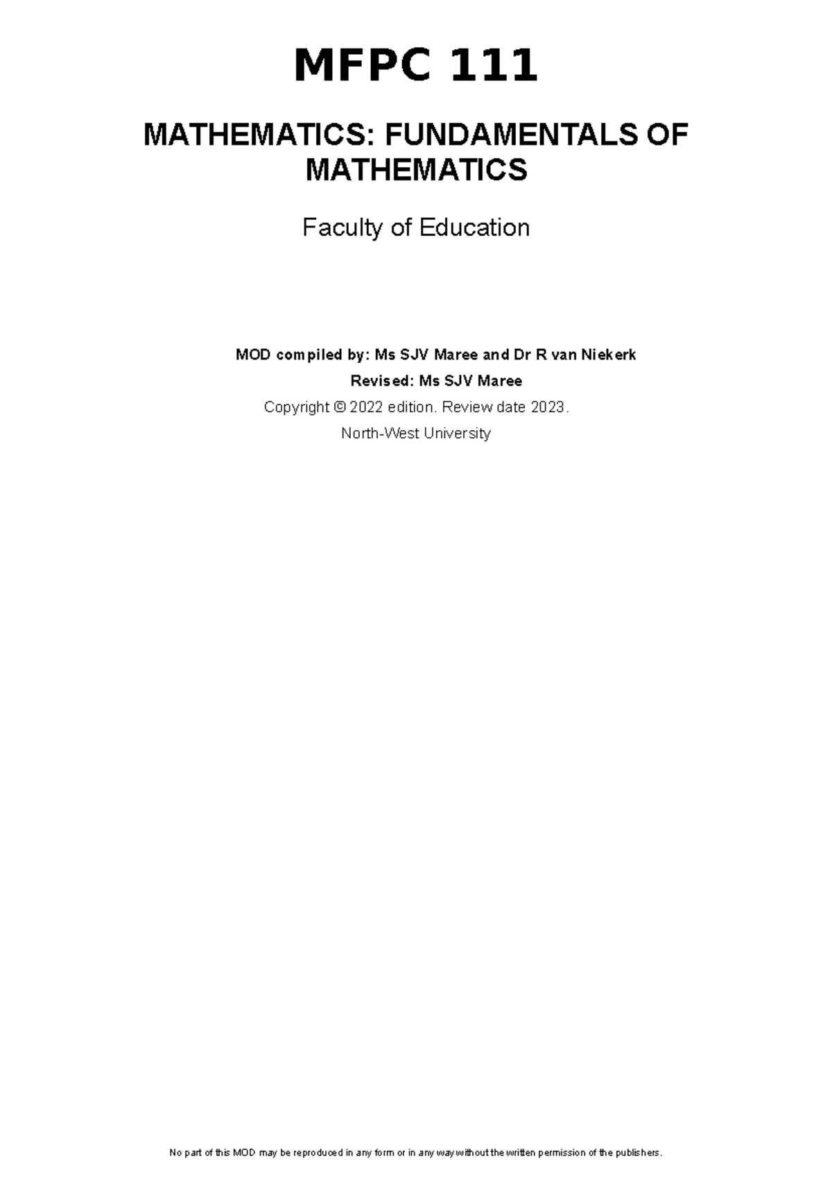 MFPC111 English 2023 - MFPC 111 MATHEMATICS: FUNDAMENTALS OF ...