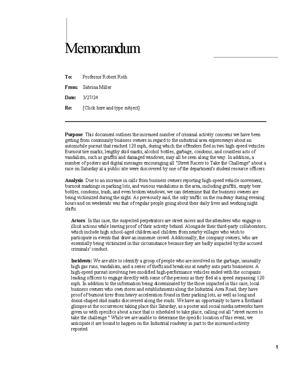 Problem Analysis and Response Memo Template - Memorandum To: Professor ...