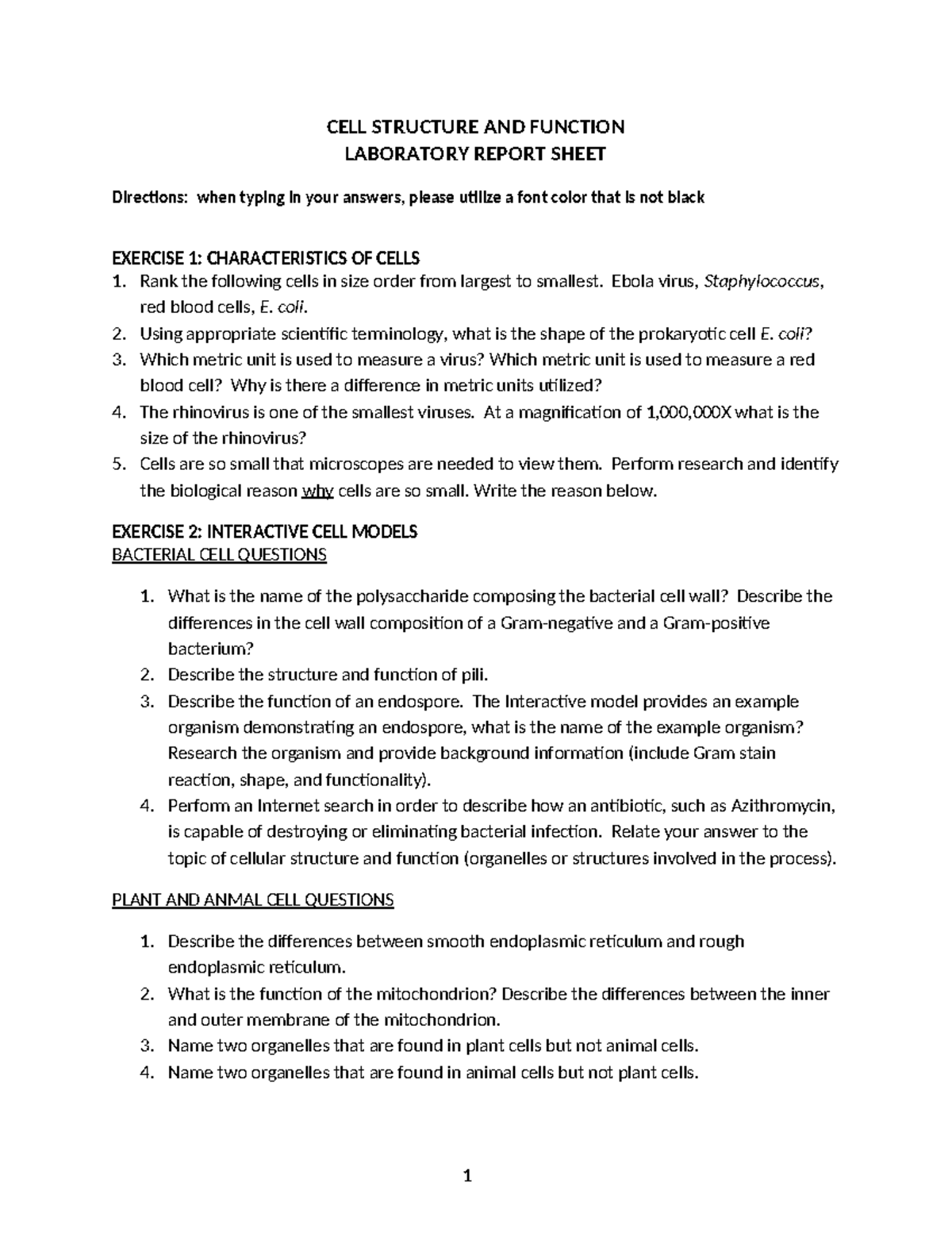 Cell Structure and Function Laboratory Report Sheet SU22(1) - Tagged - CELL STRUCTURE AND ...