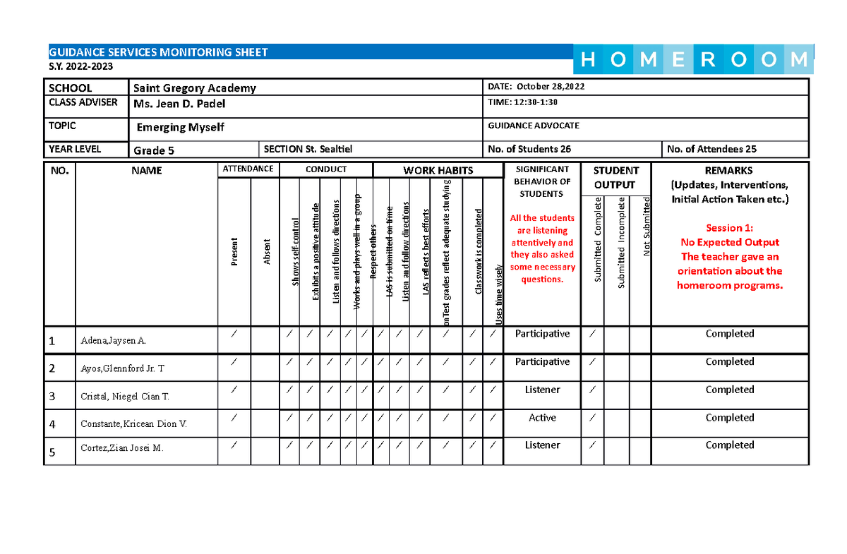 SGA - Grade 5 Homeroom-Oct - GUIDANCE SERVICES MONITORING SHEET S. 2022 ...