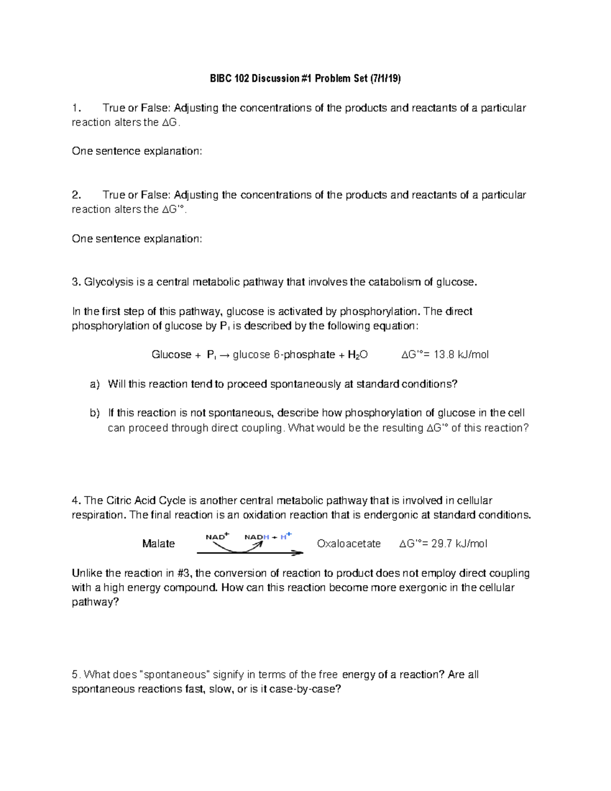 BIBC 102 Discussion Problem Set - BIBC 102 Discussion #1 Problem Set (7/1/19) True or False ...