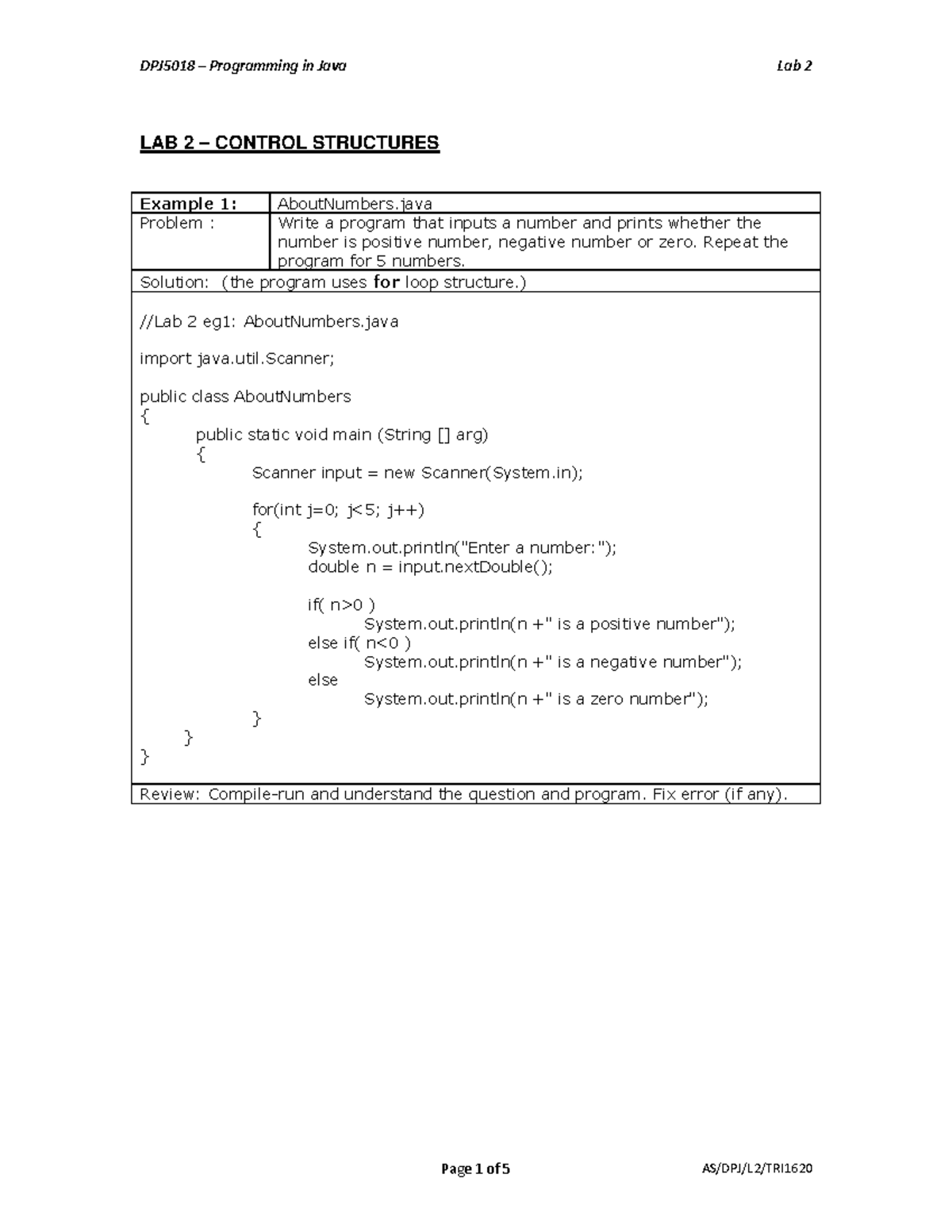 113293 LAB 2 - Learn Chap 2 - DPJ5018 Programming in Java Lab 2 LAB 2 ...