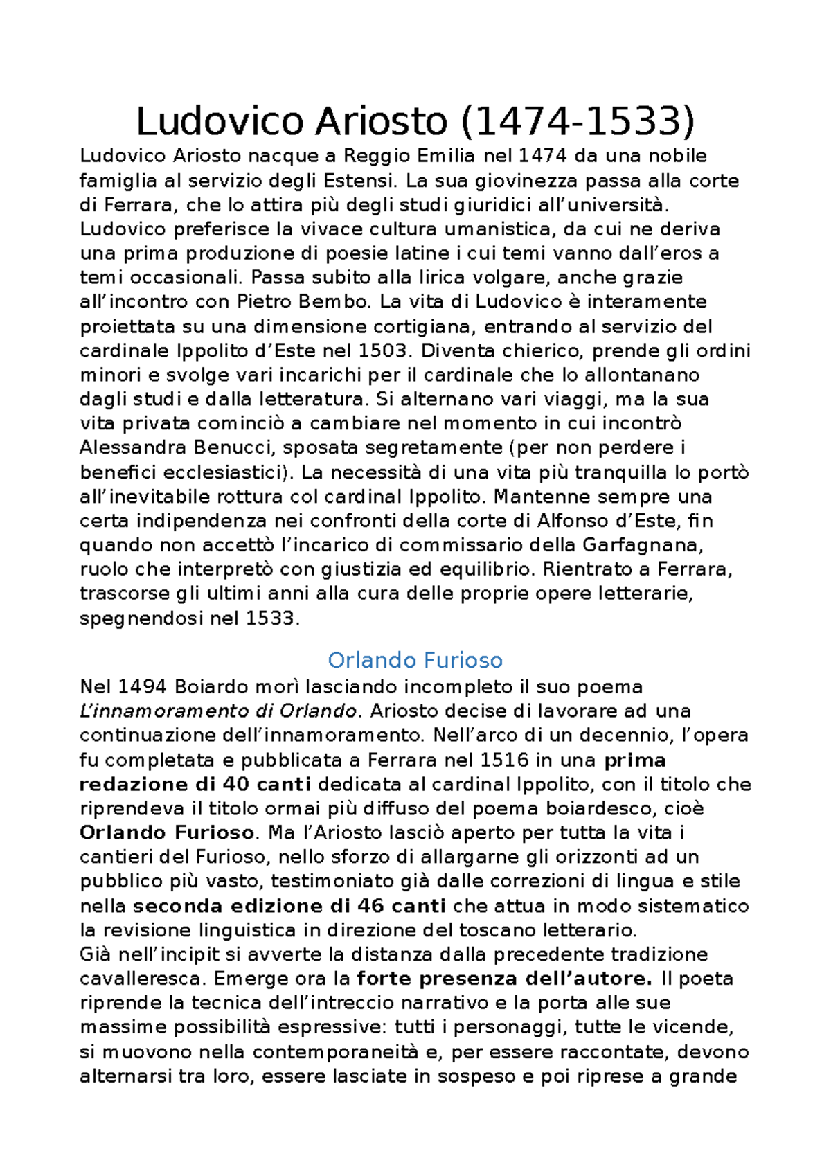 Ariosto - Riassunto Storia della Letteratura Italiana - Ludovico ...