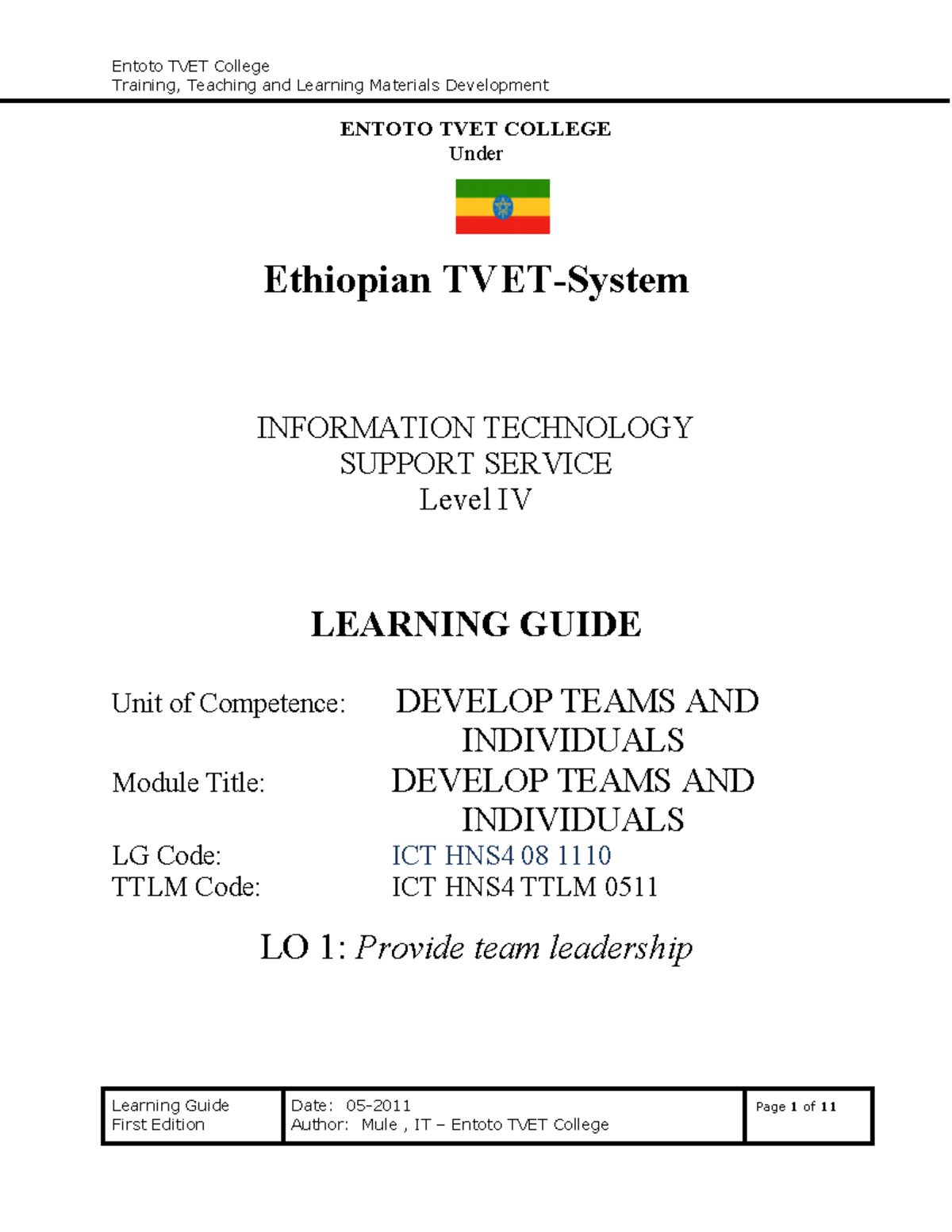 LO 1 - Training, Teaching and Learning Materials Development ENTOTO ...