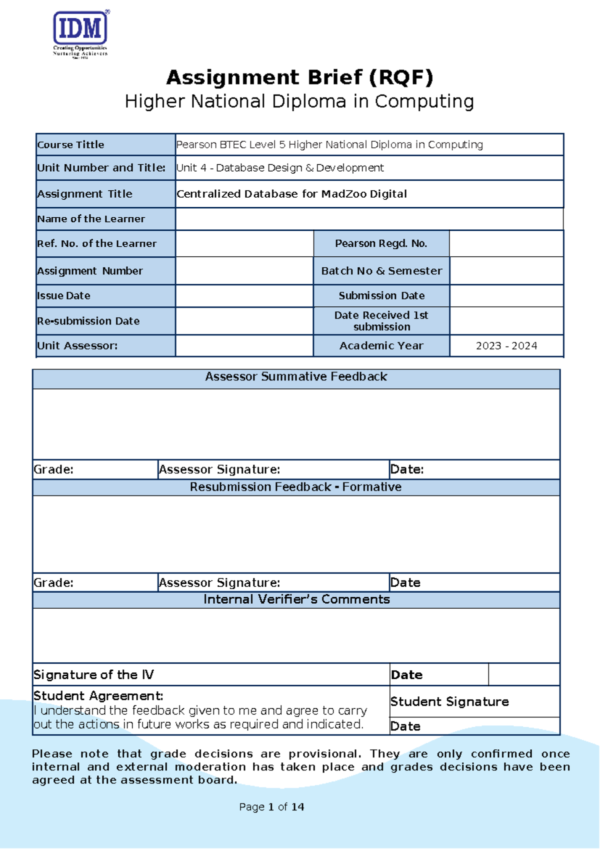Assessment Brief - DDD - Assignment Brief (RQF) Higher National Diploma in Computing Course ...