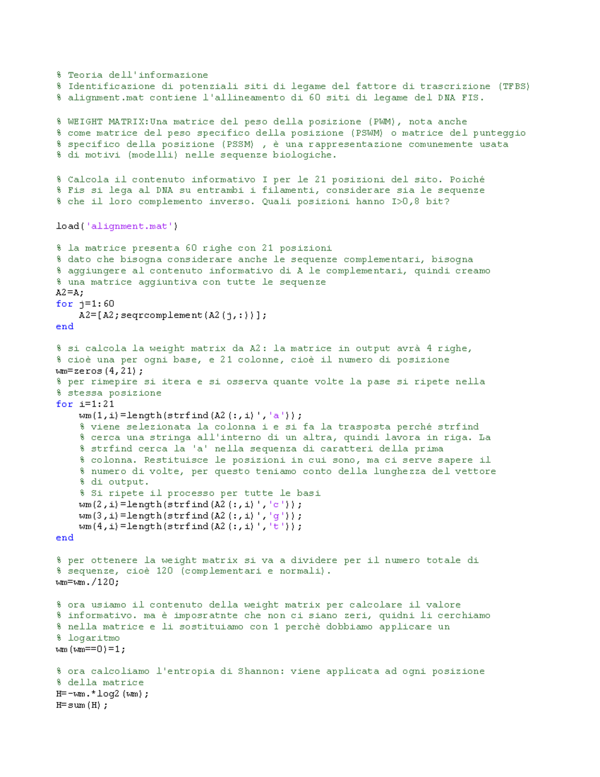 Esercitazione 3 bioinfo - % Teoria dell'informazione % Identificazione ...
