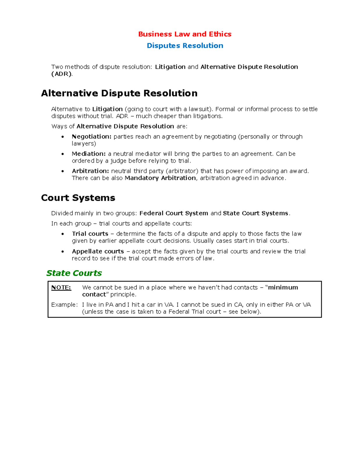 Ch03 Dispute Resolution - Business Law and Ethics Disputes Resolution ...