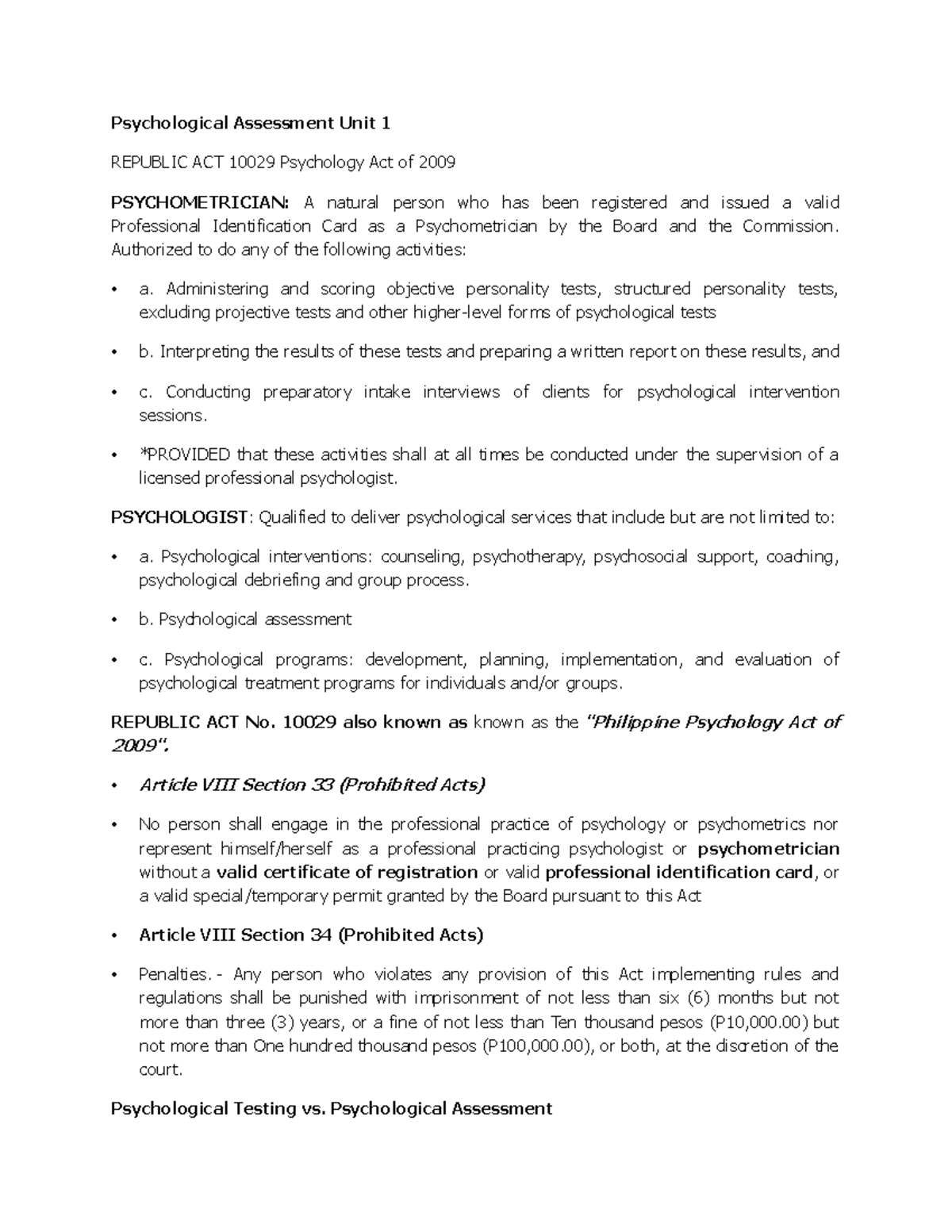 Psychological Assessment Unit 1 - Authorized to do any of the following ...