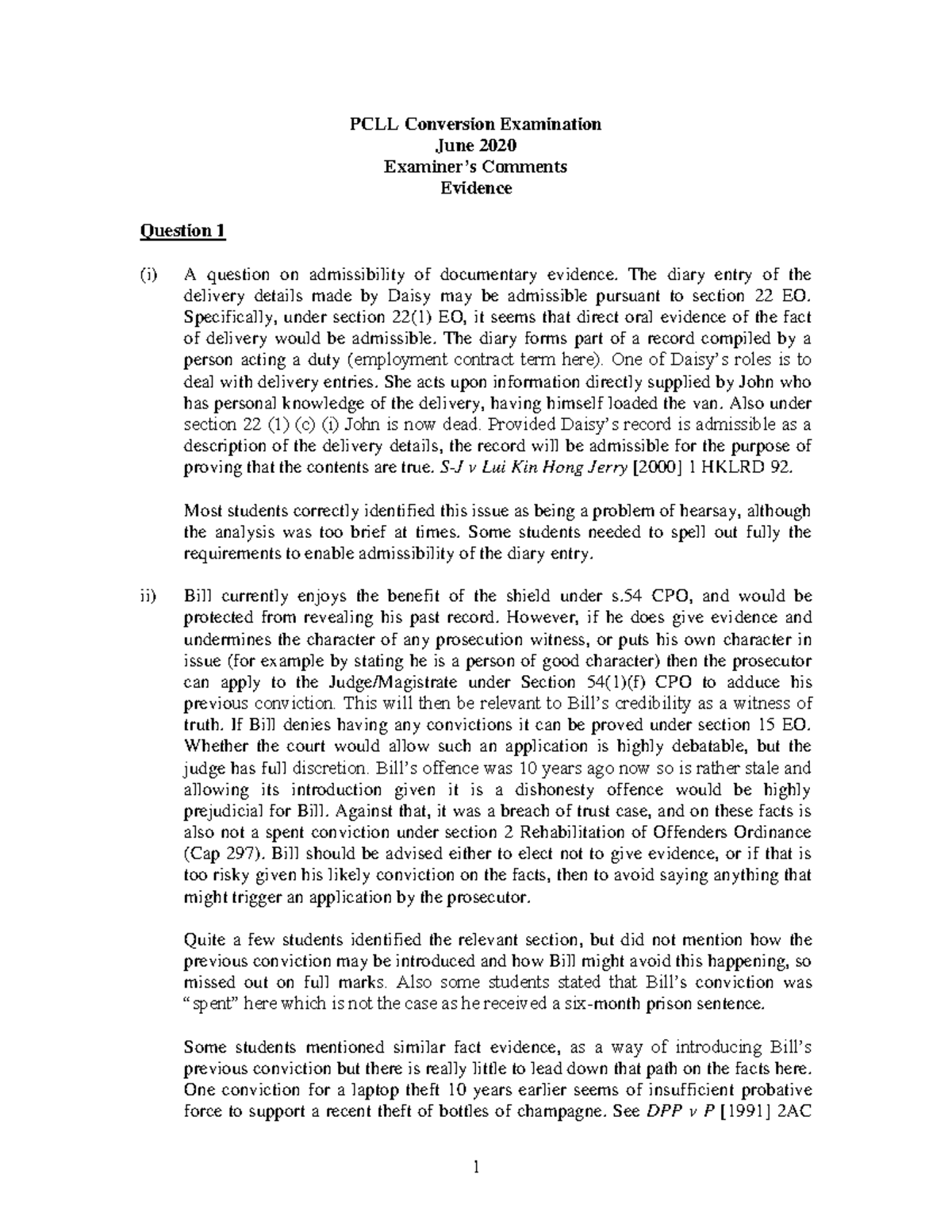 Evidence Jun 2020 R - PCLL Conversion Examination June 2020 Examiner’s ...