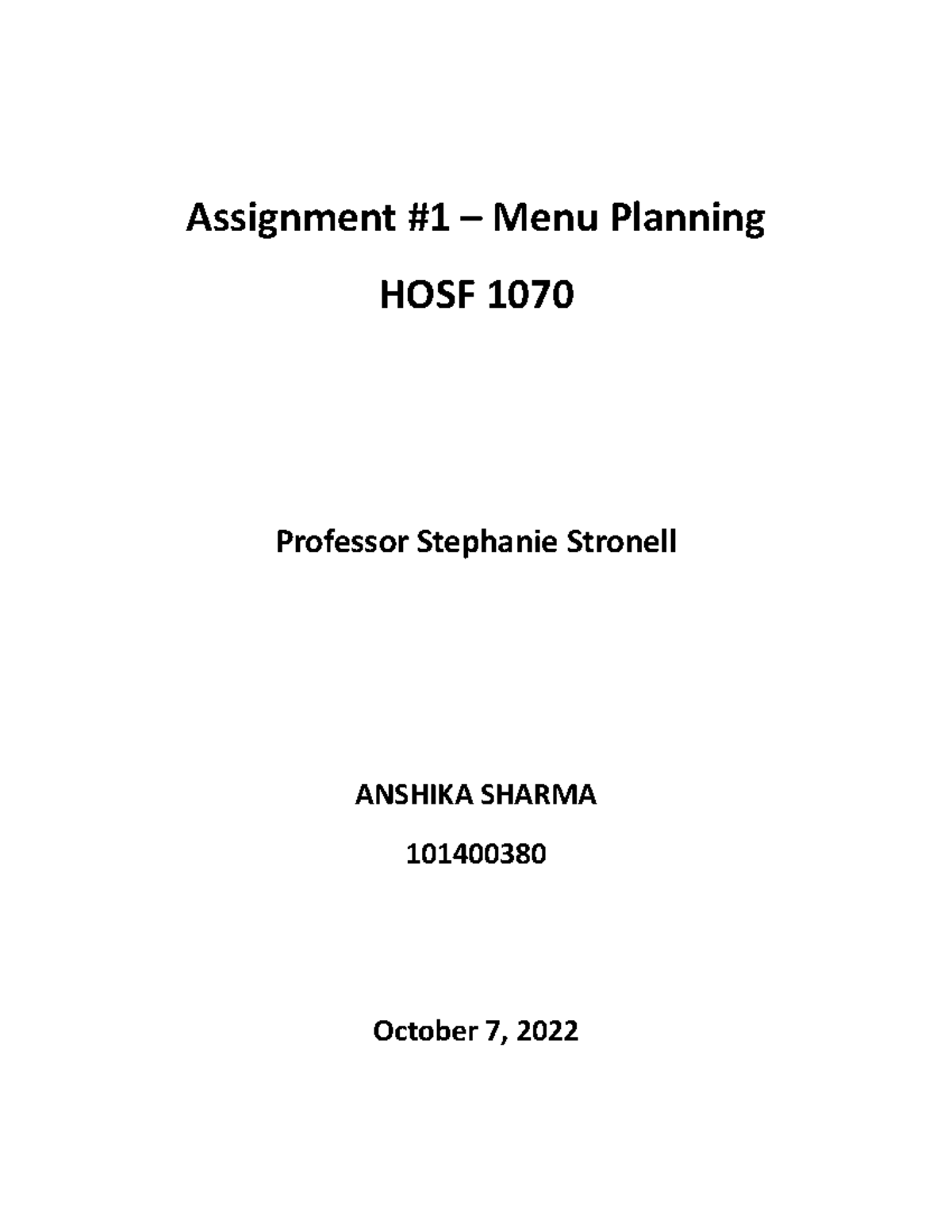 Catering assignment 1 - Assignment #1 – Menu Planning HOSF 1070 Professor Stephanie Stronell ...