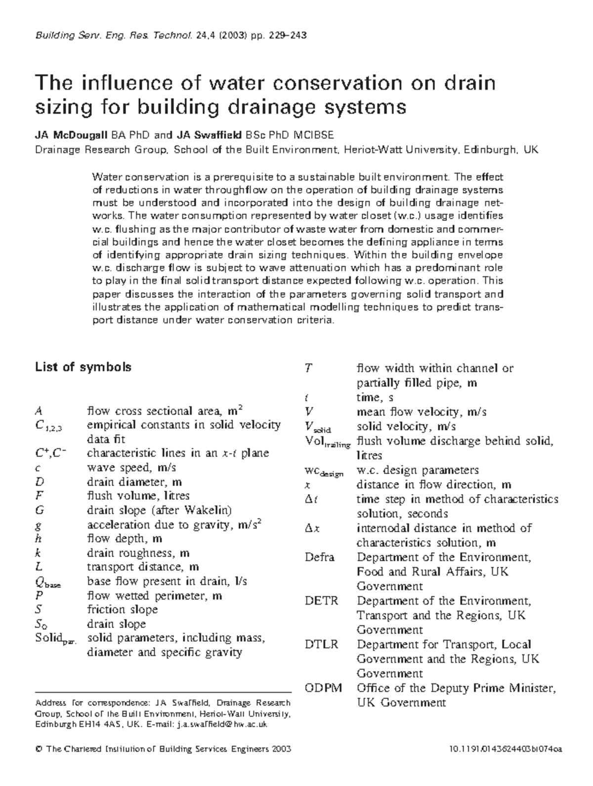 Water conservation on drain sizing - Building Serv. Eng. Res. Technol. 24,4 (2003) pp. 229– The ...