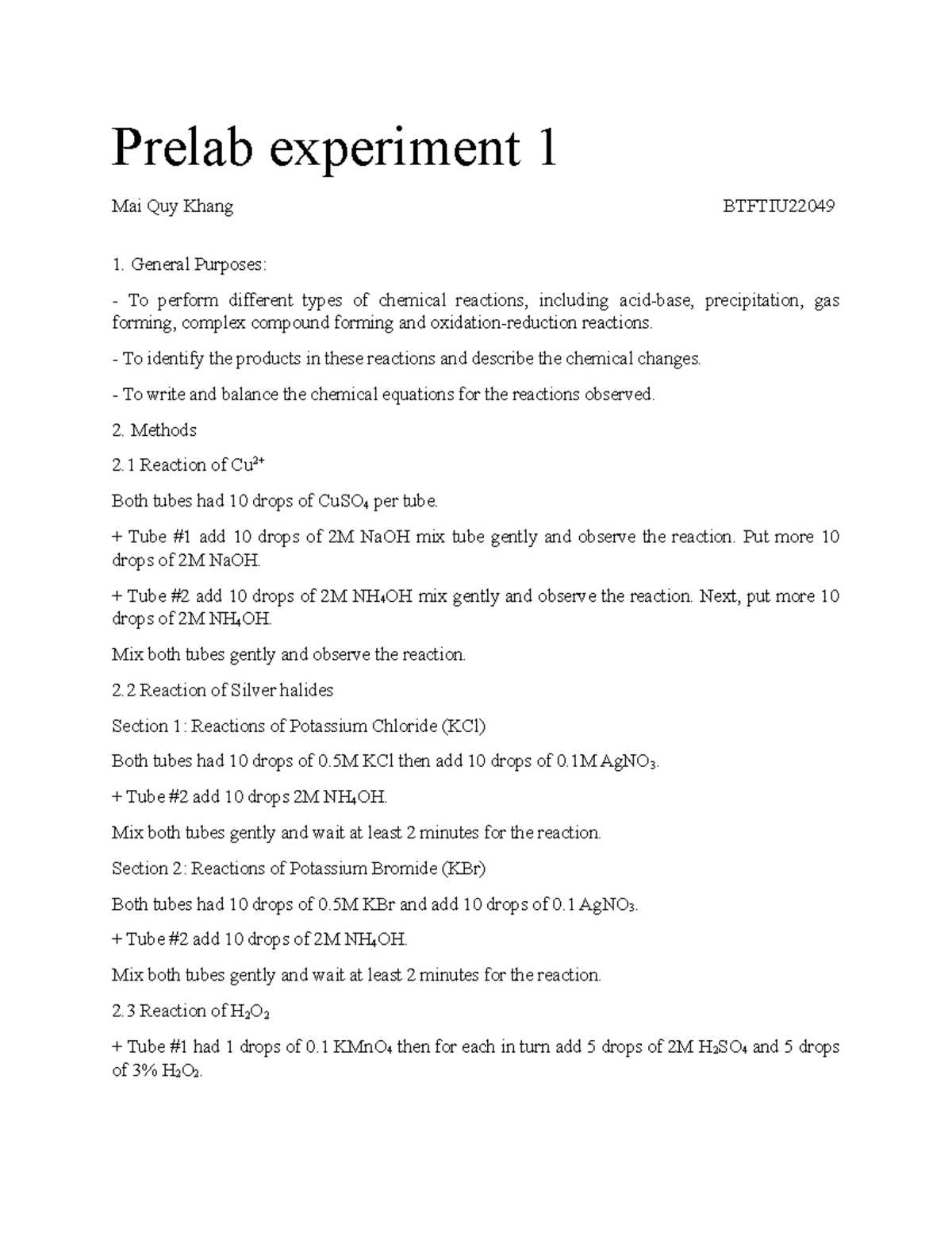 Prelab experiment 1 - ... - Prelab experiment 1 Mai Quy Khang BTFTIU General Purposes: To ...