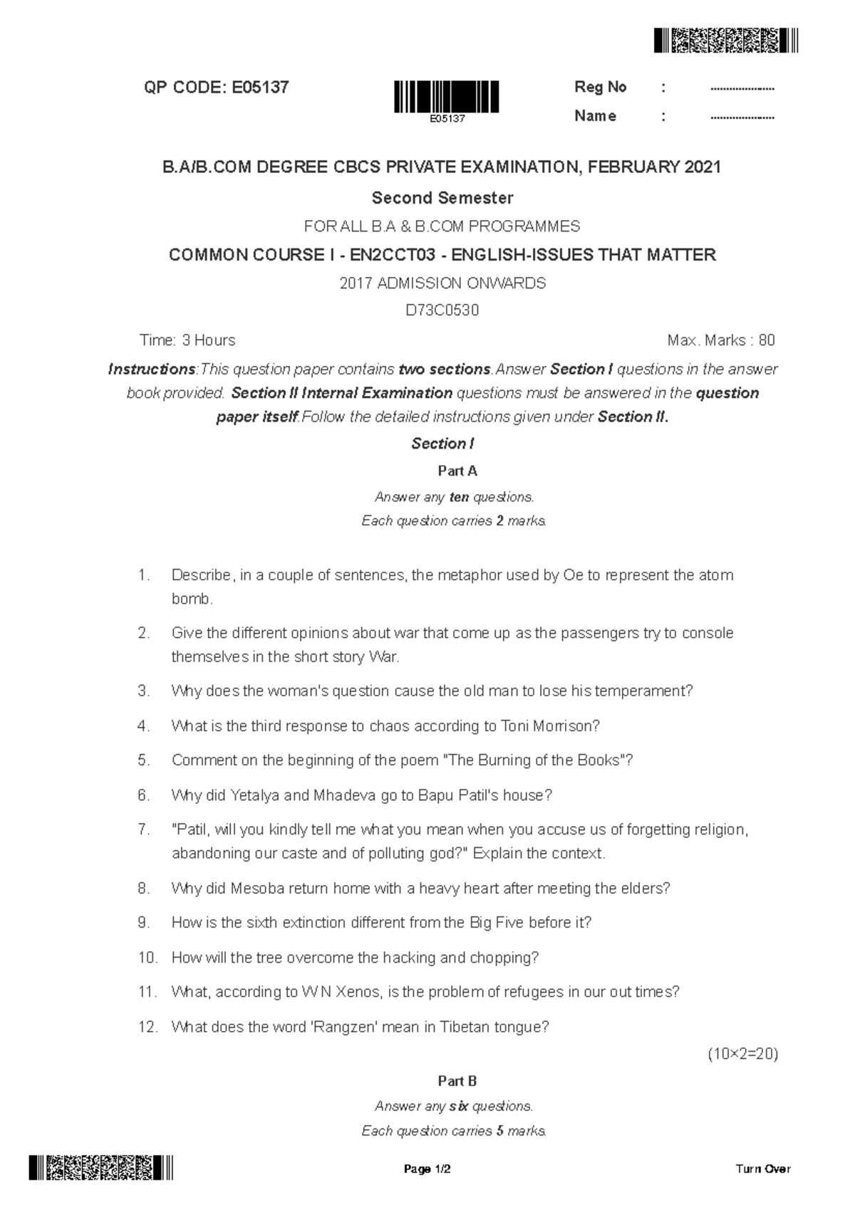 Issues 2021 qp - Previous question paper - QP CODE: E05137 Reg No : ..................... Name ...