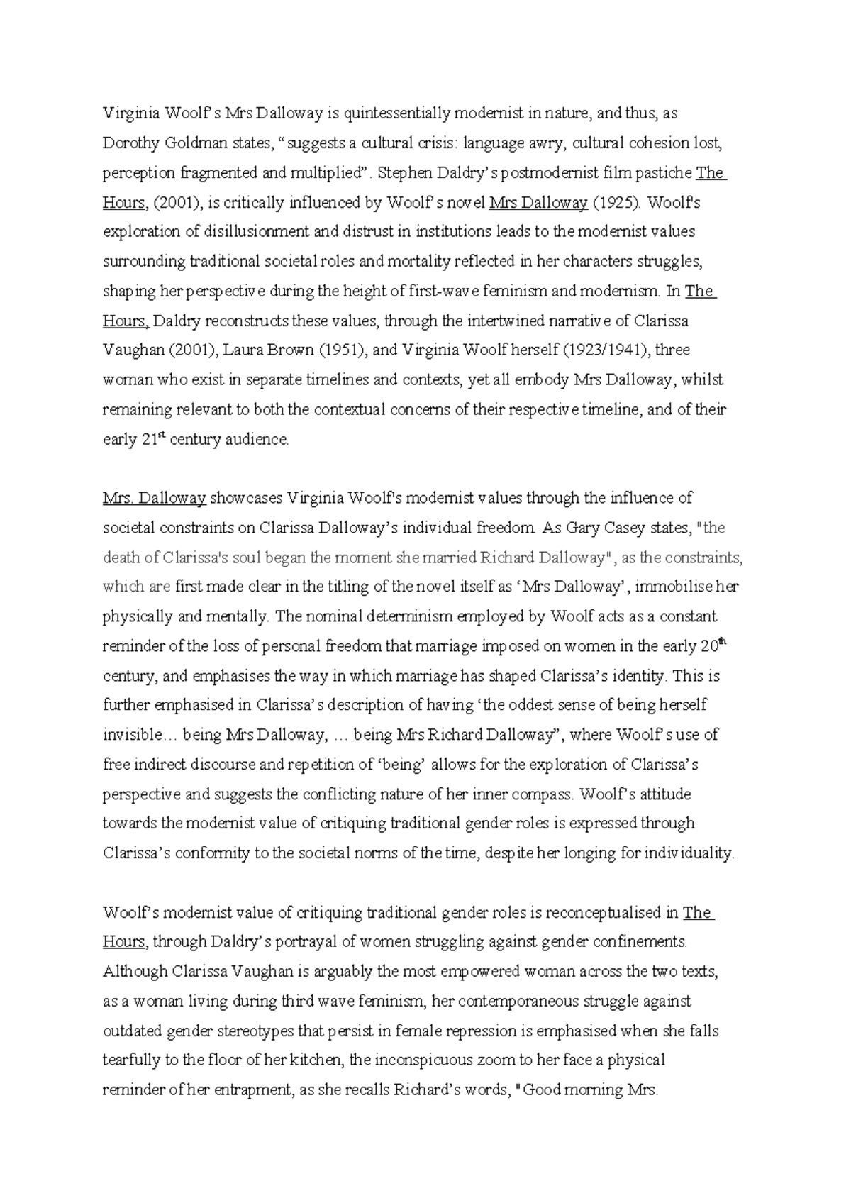 Module A Meta Essay- Mrs Dalloway, The Hours - Virginia Woolf’s Mrs ...