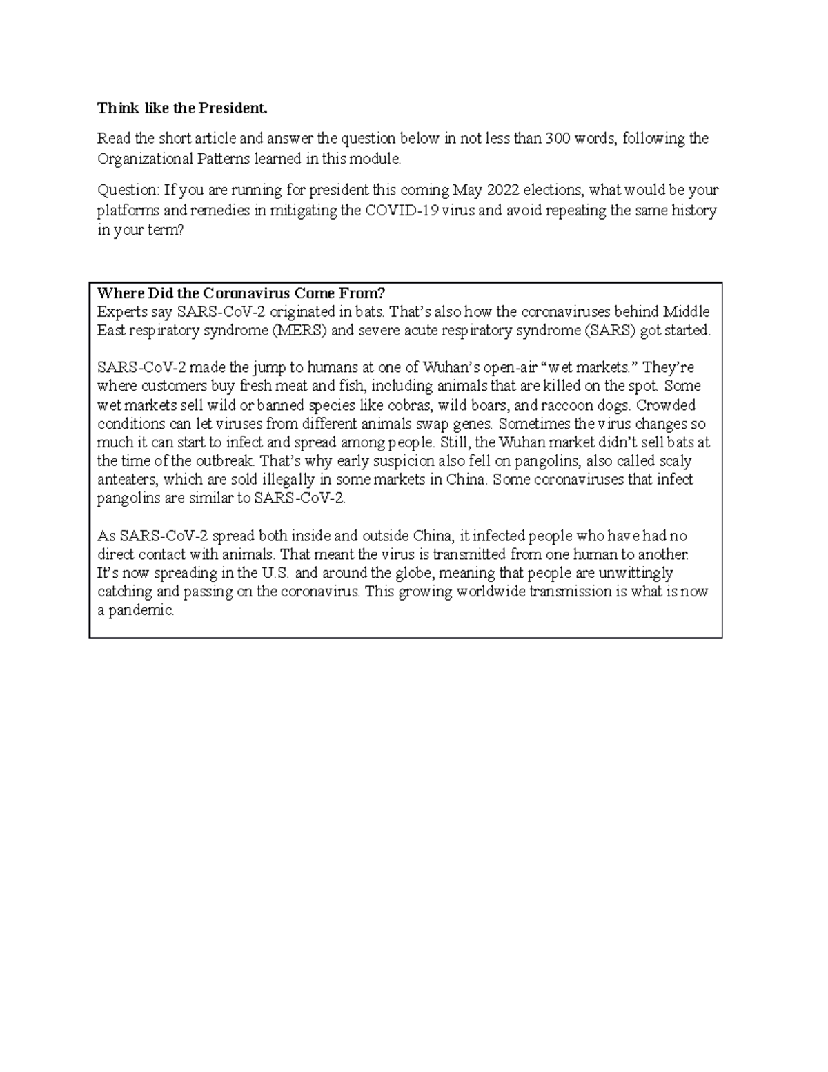 Think like the President - Read the short article and answer the ...