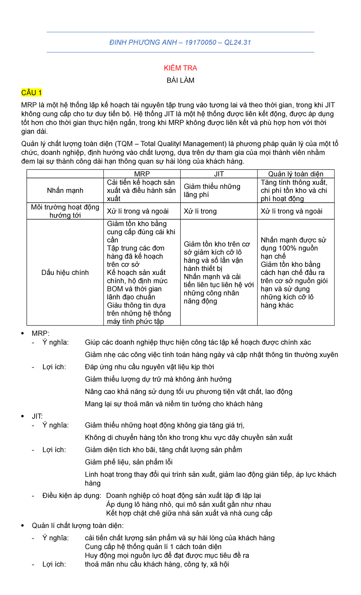 QTKD - BT QTDA ĐỀ 2-1 (1 4 2022) - ĐINH PHƯƠNG ANH – 19170050 – QL24. KIỂM TRA BÀI LÀM CÂU 1 MRP ...
