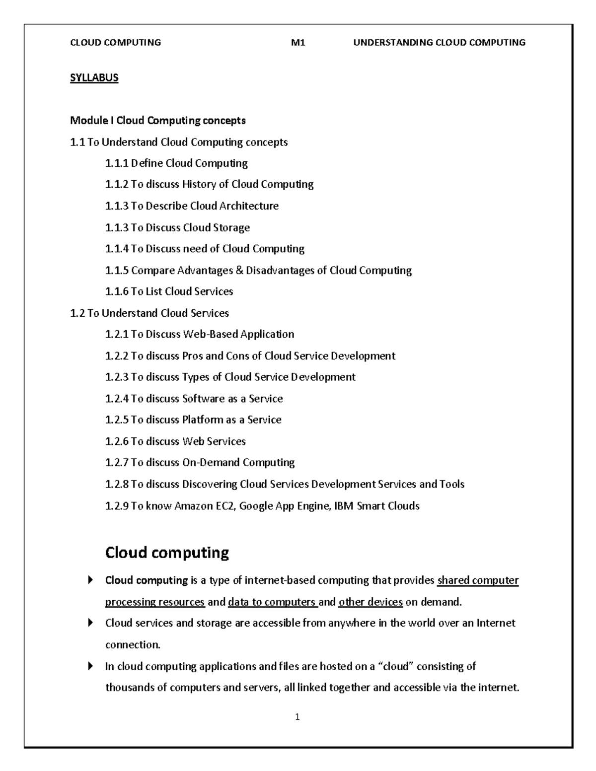 Cloud computing m1 - SYLLABUS Module I Cloud Computing concepts 1 To ...