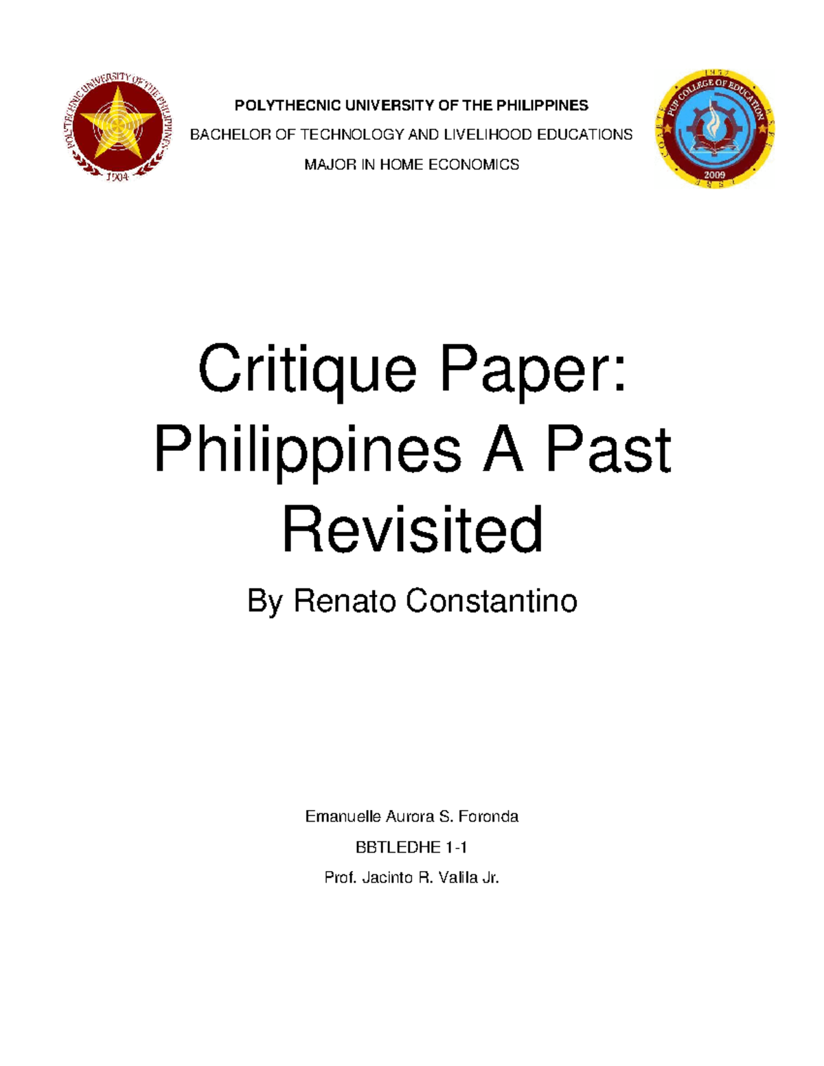 Philippines a past revisited Critique Pa - POLYTHECNIC UNIVERSITY OF ...