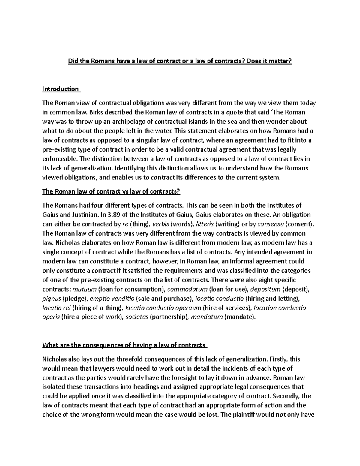 Roman Law Essay - Did the Romans have a law of contract or a law of ...