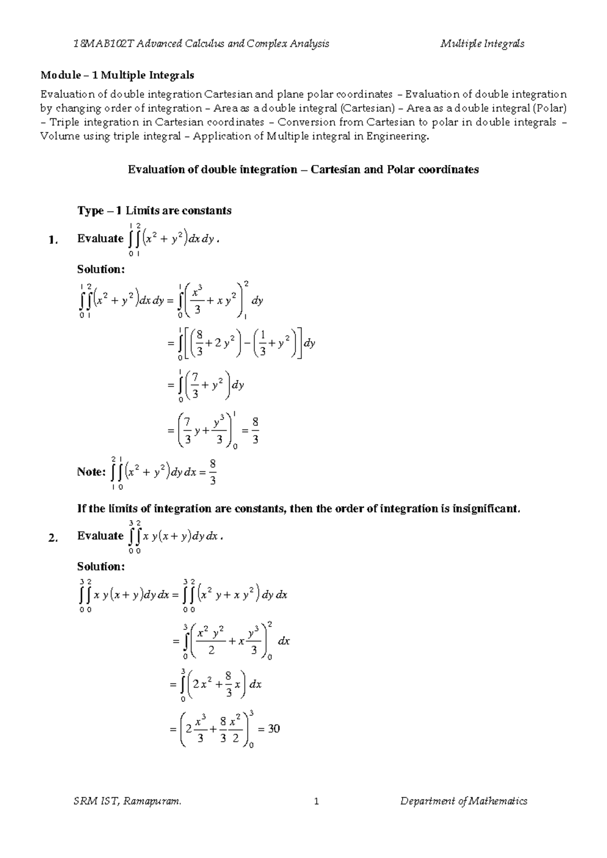 Unit 1 - Multiple Integrals - Module – 1 Multiple Integrals Evaluation ...