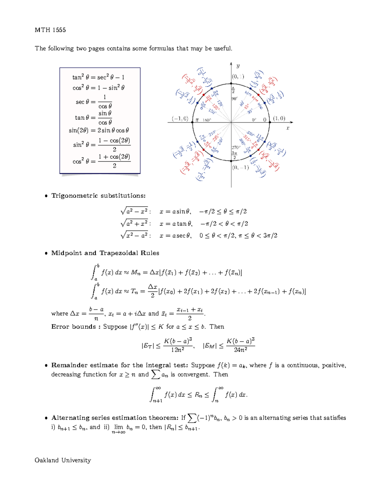 MTH 1555- Final Exam Formula Sheet- Jorge Mello - MTH 1555 The ...