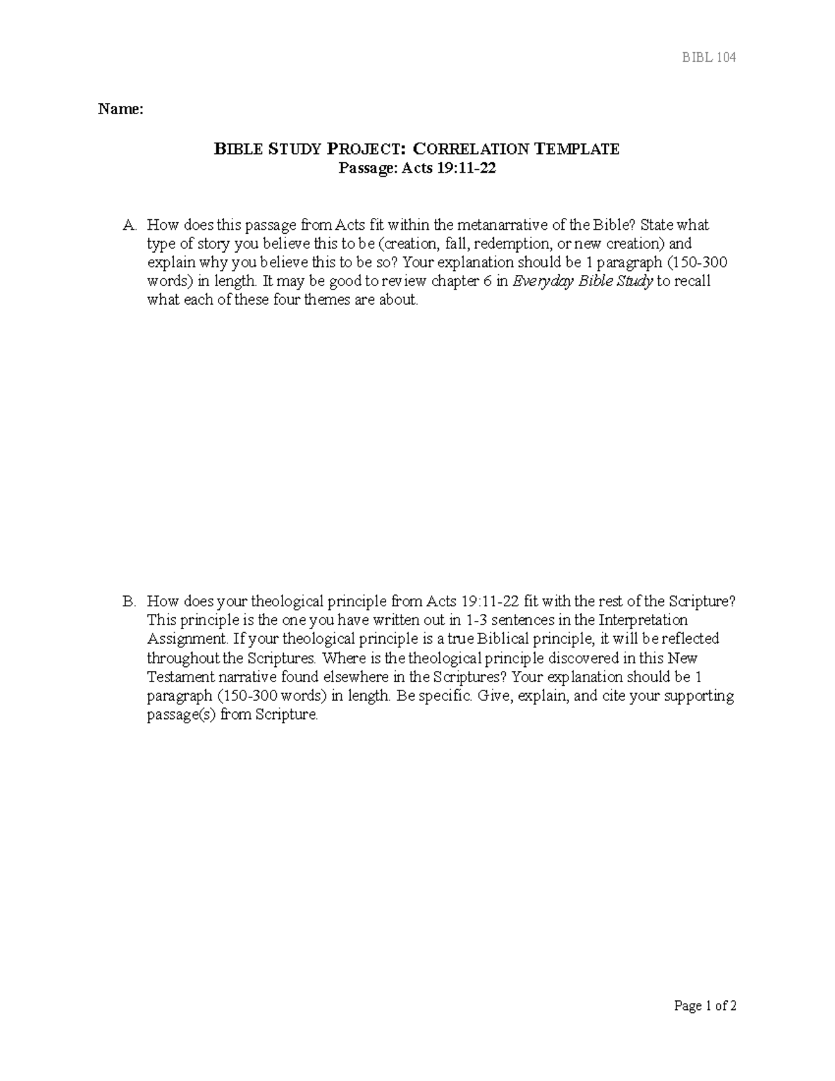 Bible Study Project Correlation Template - BIBL 104 Name: BIBLE STUDY ...
