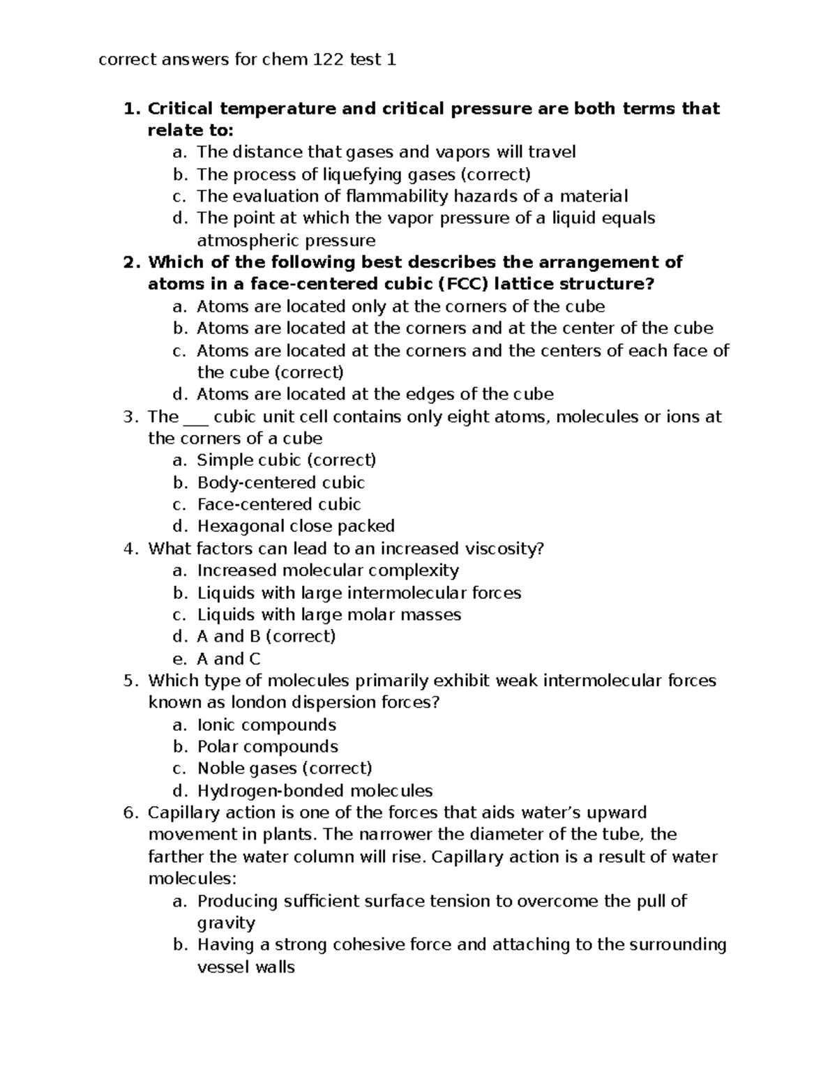 Correct answers CHEM 122 exam 1 prep - Critical temperature and ...
