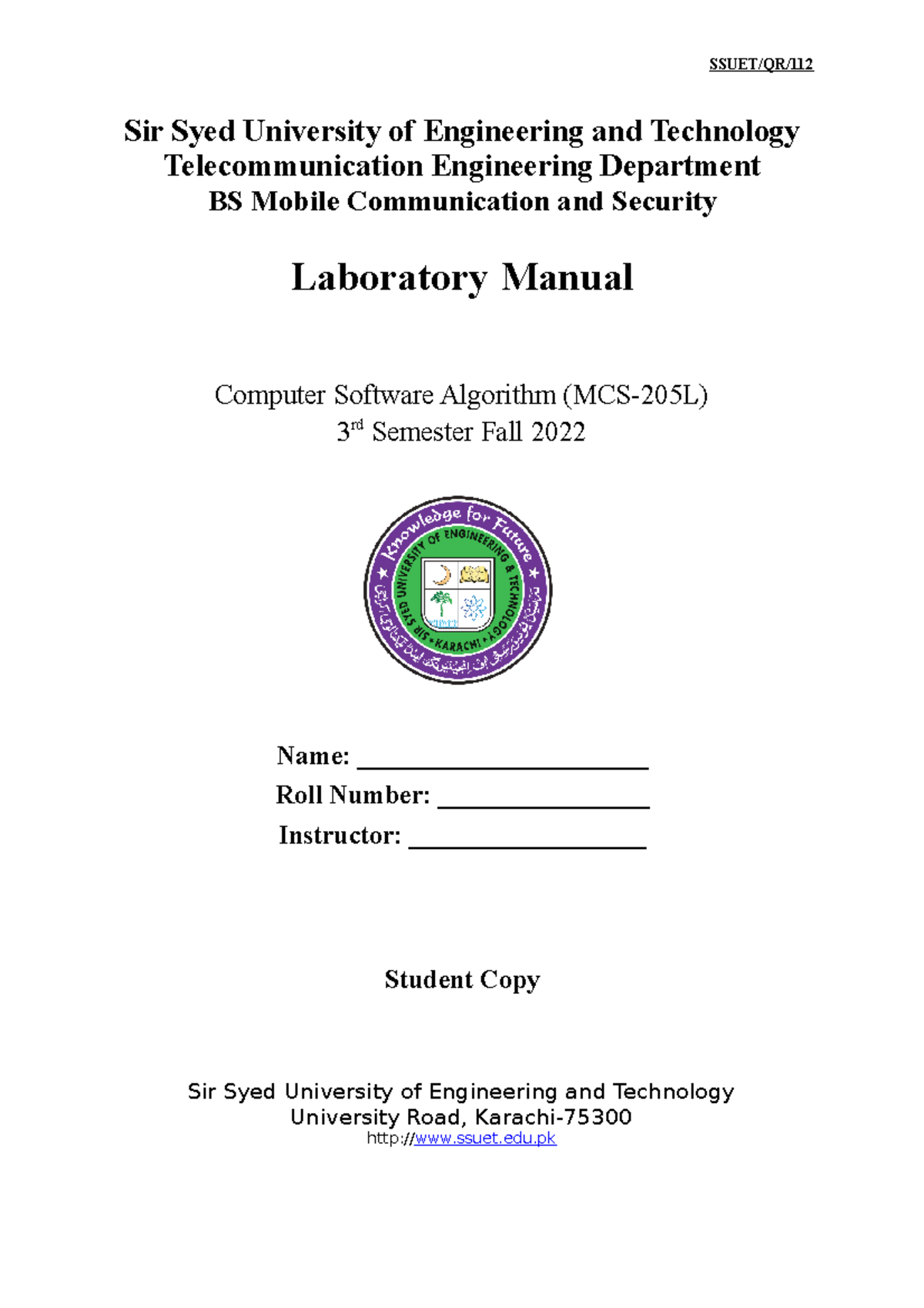 Lab Manual MCS-205L CSA Batch 2021-2 - SSUET/QR/ Sir Syed University of Engineering and ...