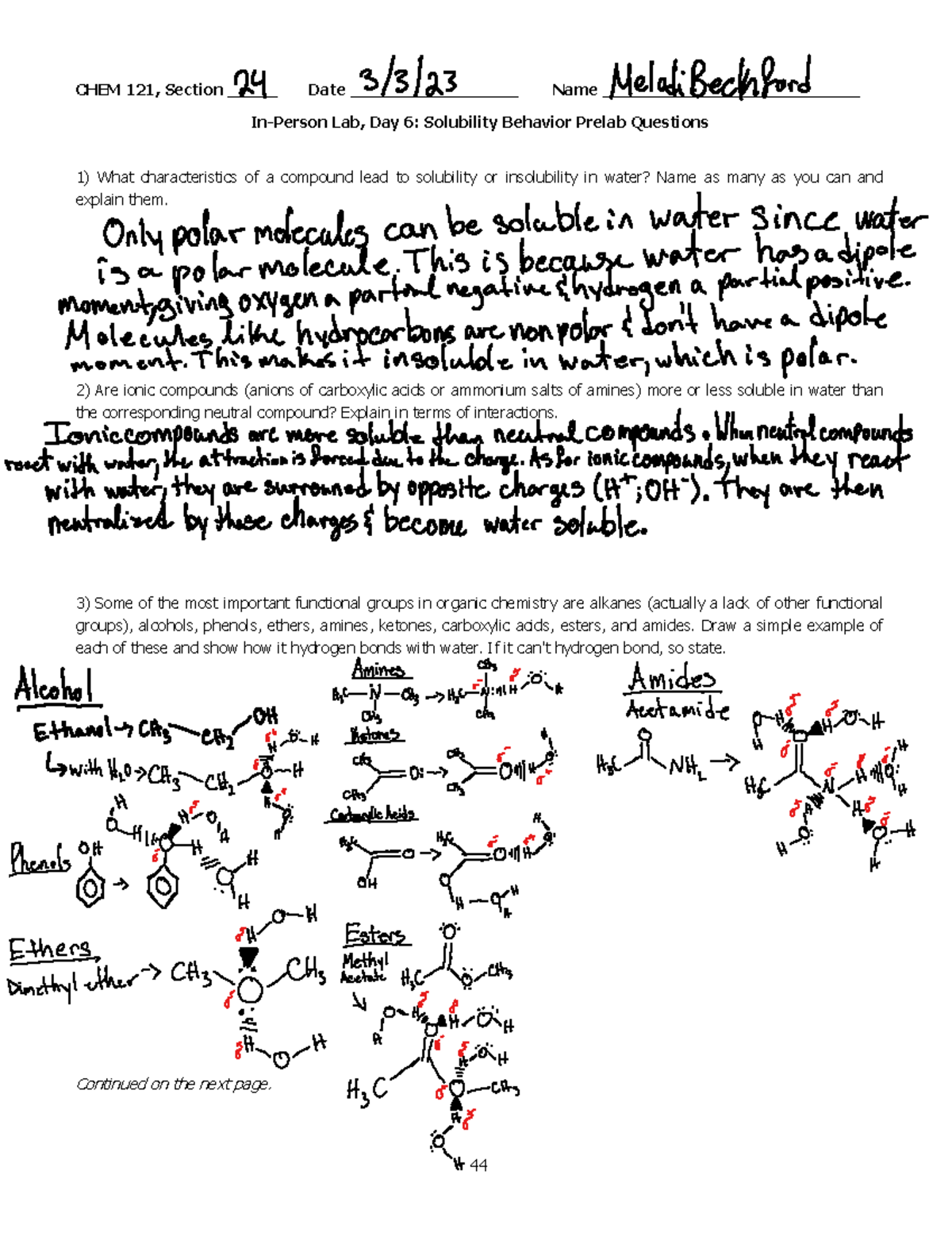 Solubility Pre Lab Spring 2023 Lab 44 Chem 121 Section Date